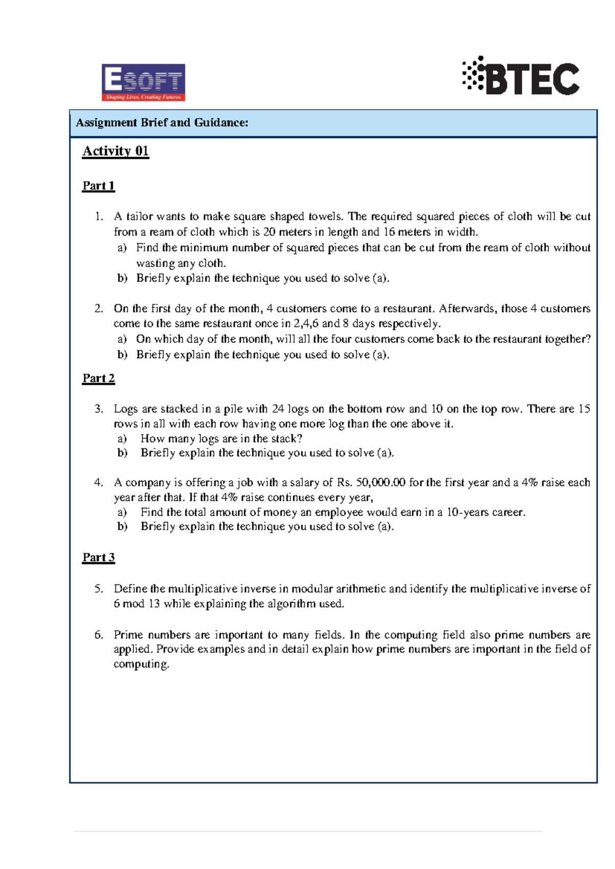 Wp - trjrth - Assignment Brief and Guidance: Activity 01 Part 1 1. A tailor wants to make square ...
