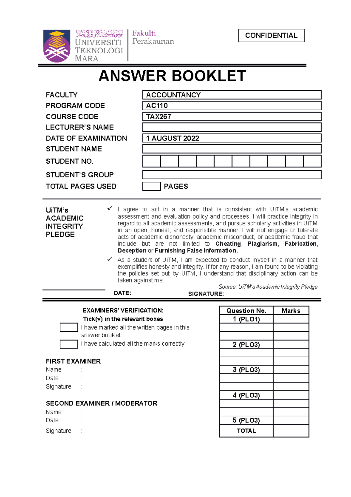 Answer Scripts Front PAGE TAX267 - ANSWER BOOKLET FACULTY ACCOUNTANCY ...