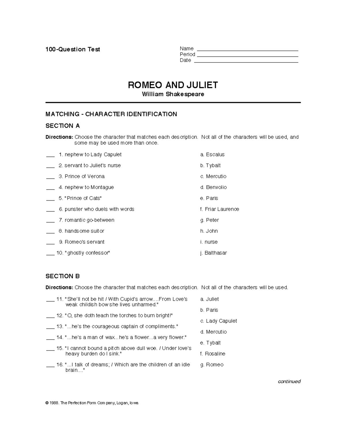 Romeojulietquiz - dfgdfg - ROMEO AND JULIET William Shakespeare ...