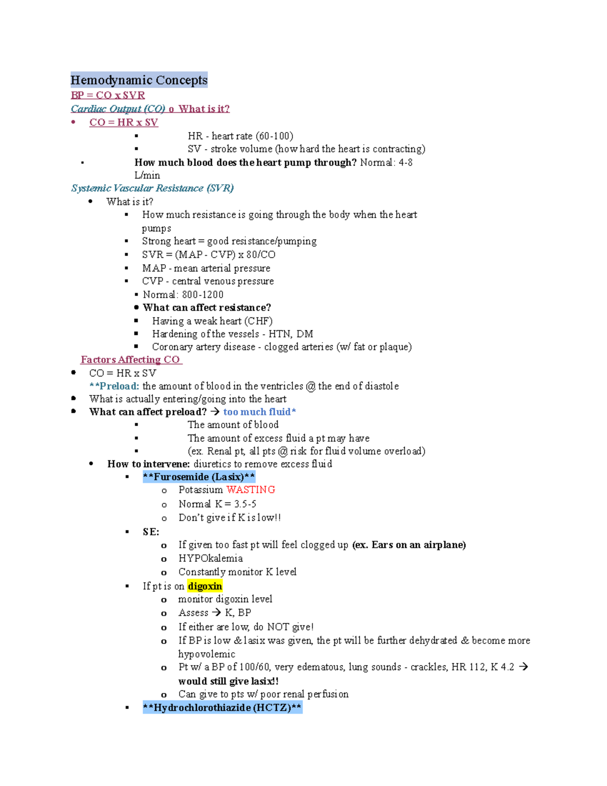 Hemodynamic Concepts - Med surg tamucc - Hemodynamic Concepts BP = CO x ...
