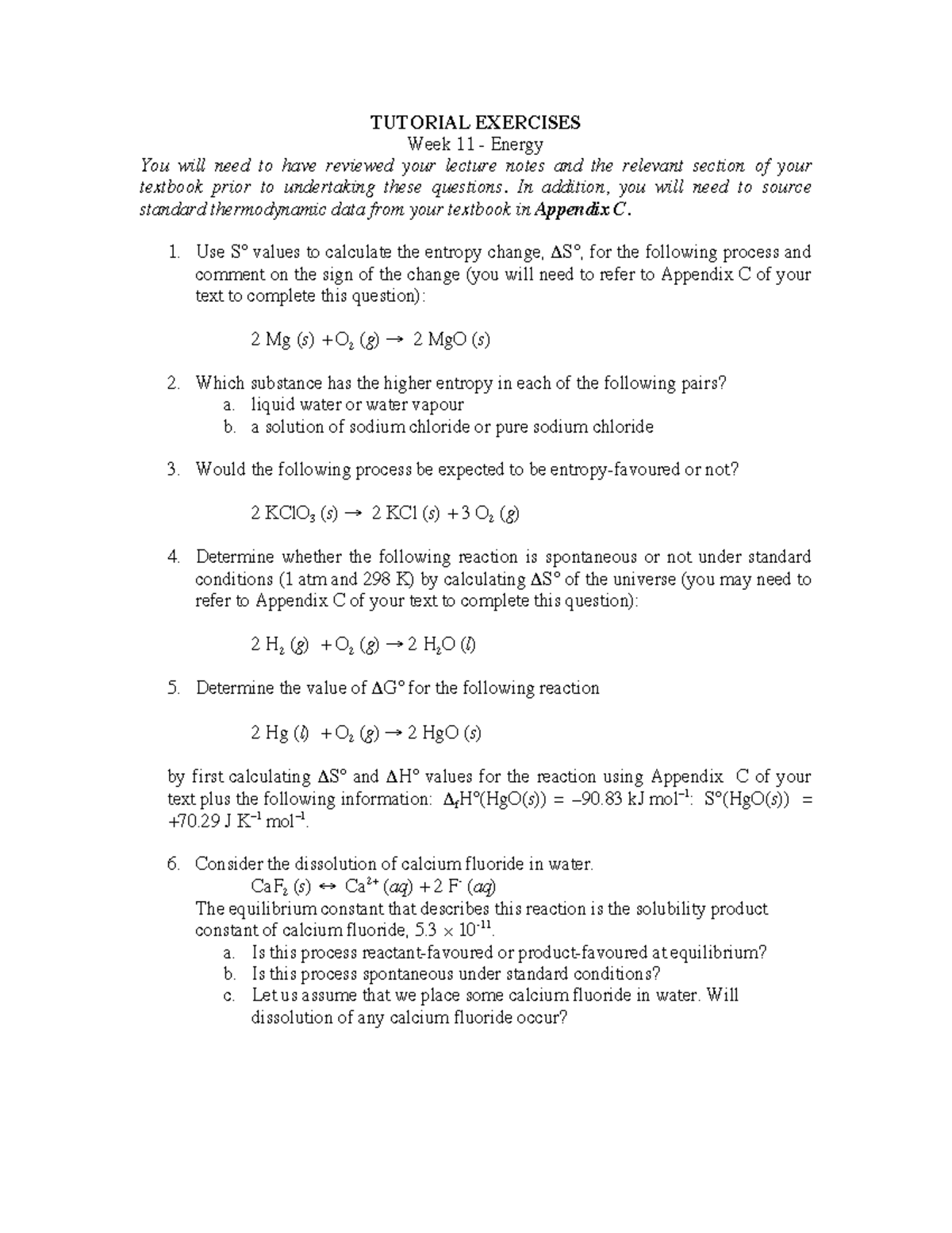 Week 11 Tutorial Questions Tutorial Exercises Week 11 Energy You Will Need To Have