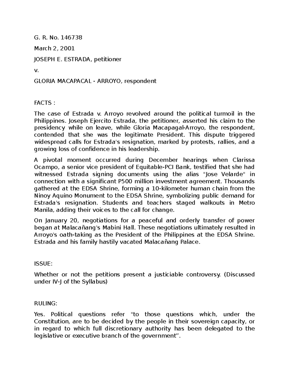 Case 1 Estrada v - G. R. No. 146738 March 2, 2001 JOSEPH E. ESTRADA ...