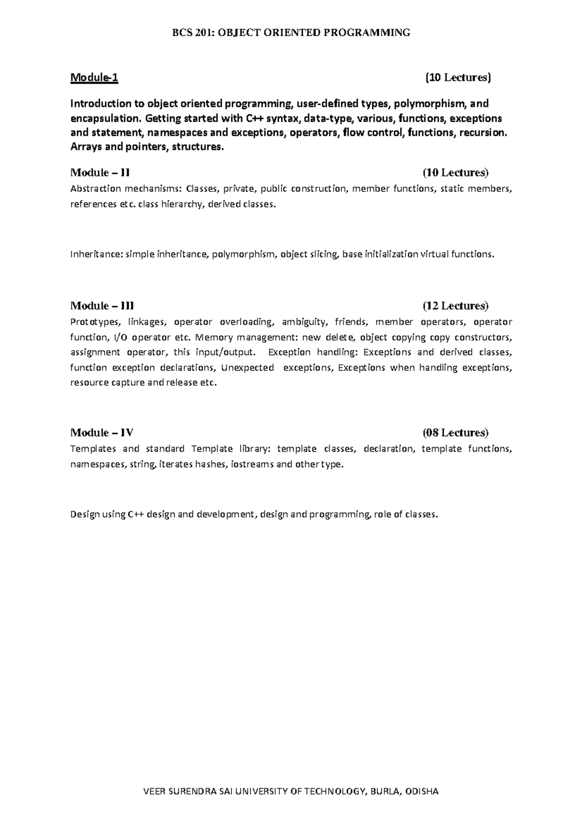 Object Oriented Programming - Module-1 (10 Lectures) Introduction to object oriented programming ...