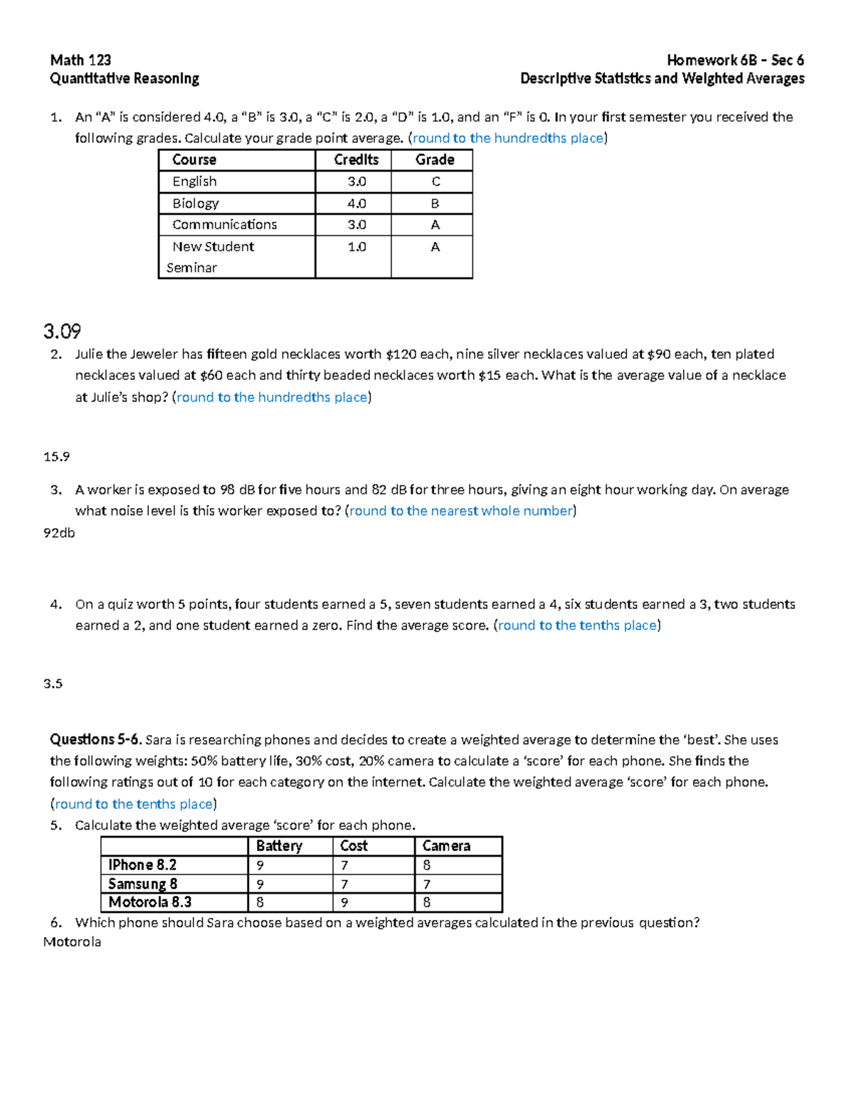 HW 6B - Sec 6 Descriptive Statistics and Weighted Averages home work ...