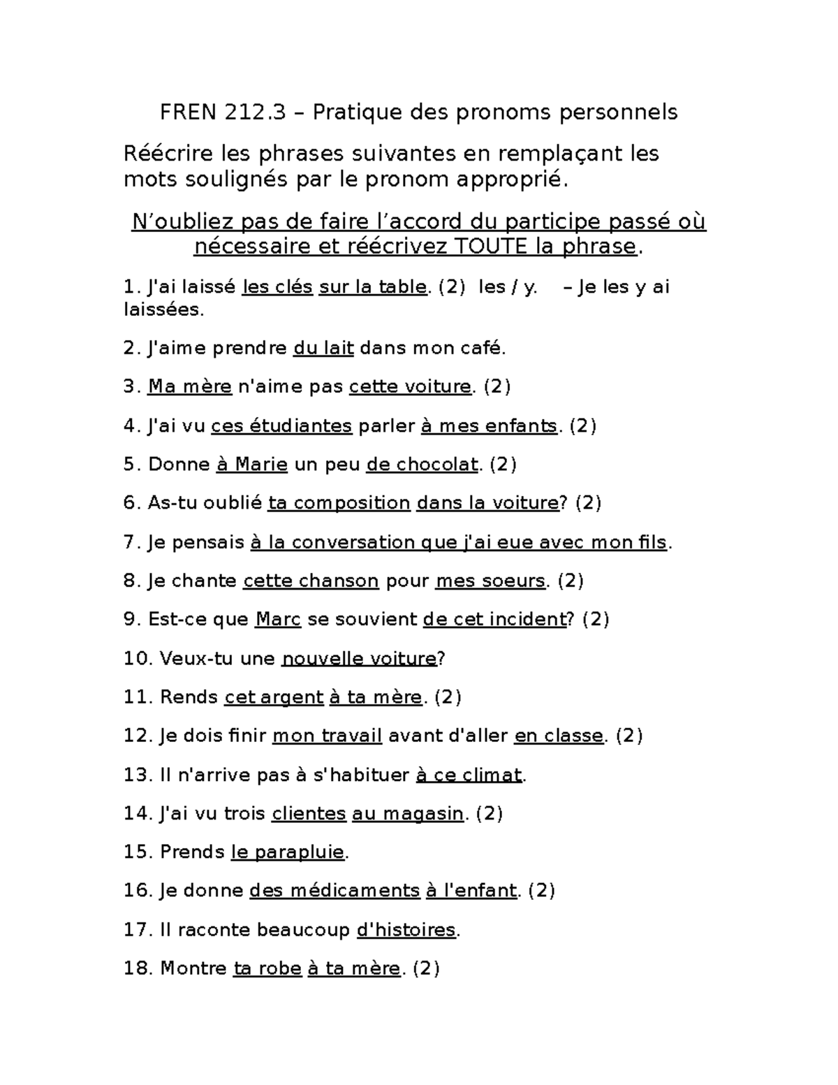 Pratique des pronoms personnels - 2021 - FREN 212 – Pratique des ...
