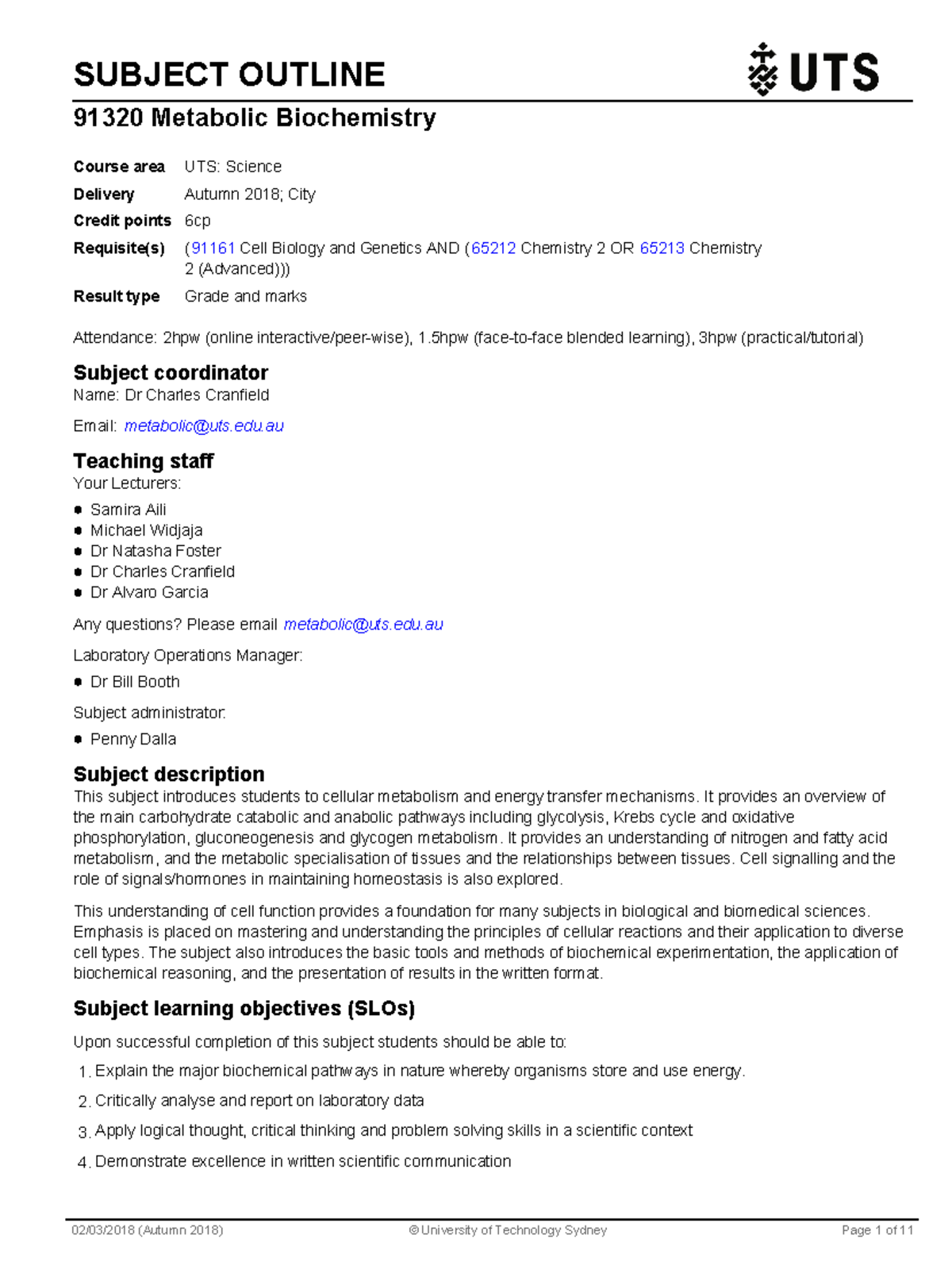 Subject Outline - SUBJECT OUTLINE 91320 Metabolic Biochemistry Course ...