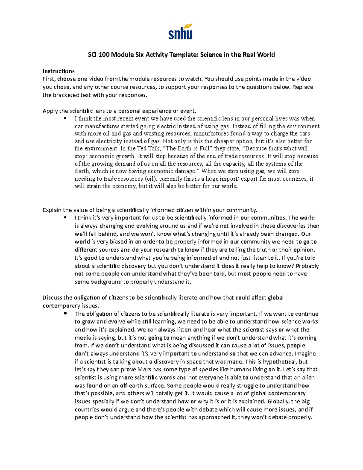 Module 6 - SCI 100 Module Six Activity Template: Science in the Real ...