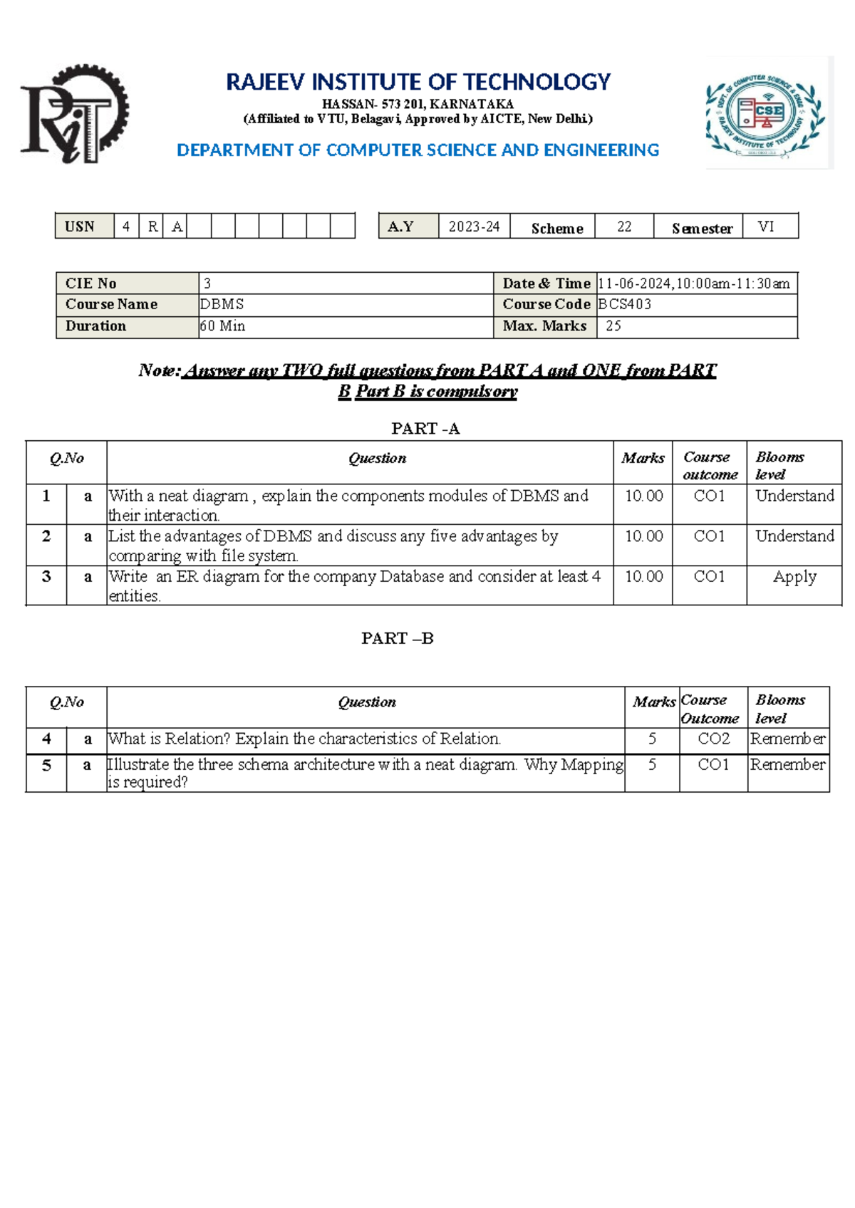 DBMS Scheme 1 - gggg - USN 4 R A A 2023-24 Scheme 22 Semester VI RAJEEV INSTITUTE OF TECHNOLOGY ...