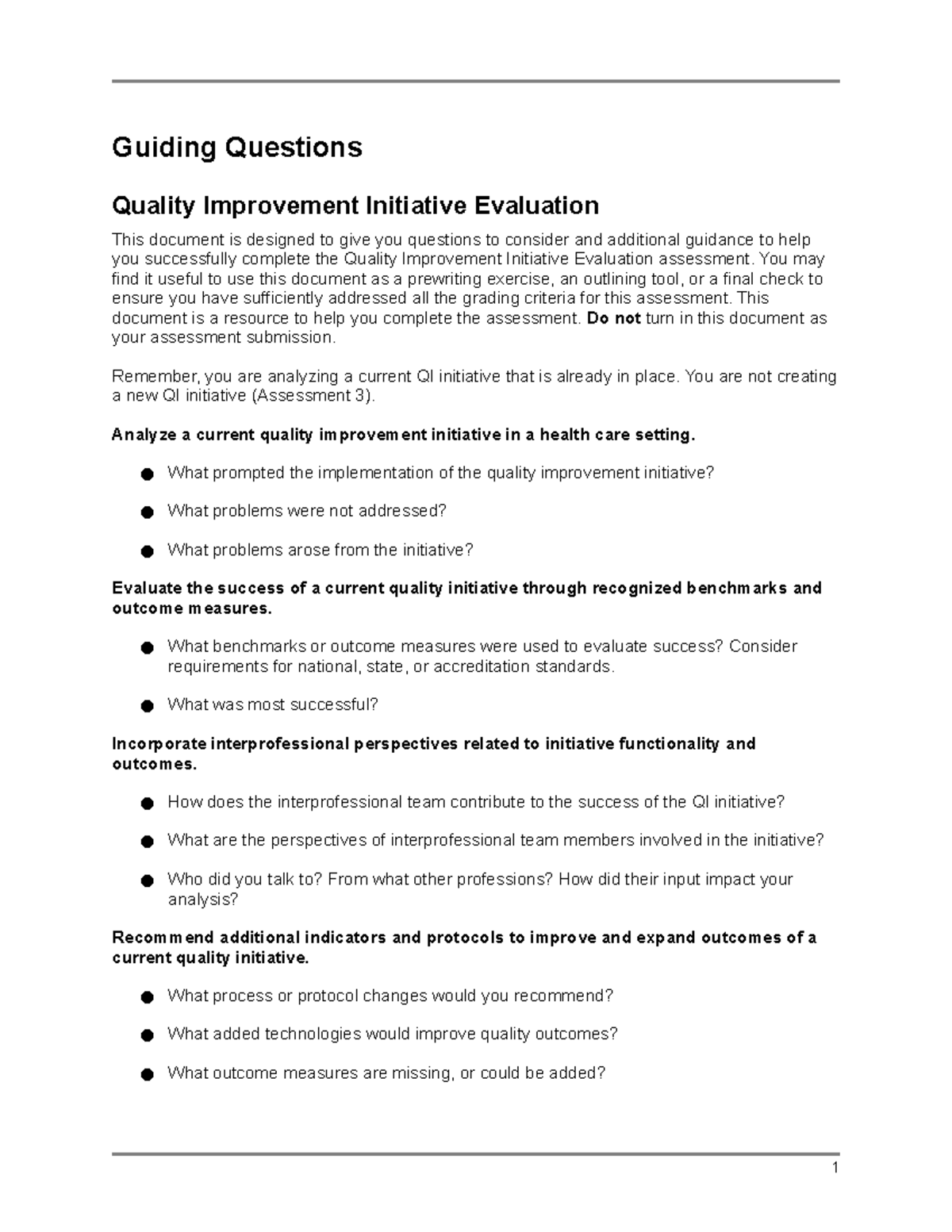 NURS-FPX6016 Guiding questions - Guiding Questions Quality Improvement ...
