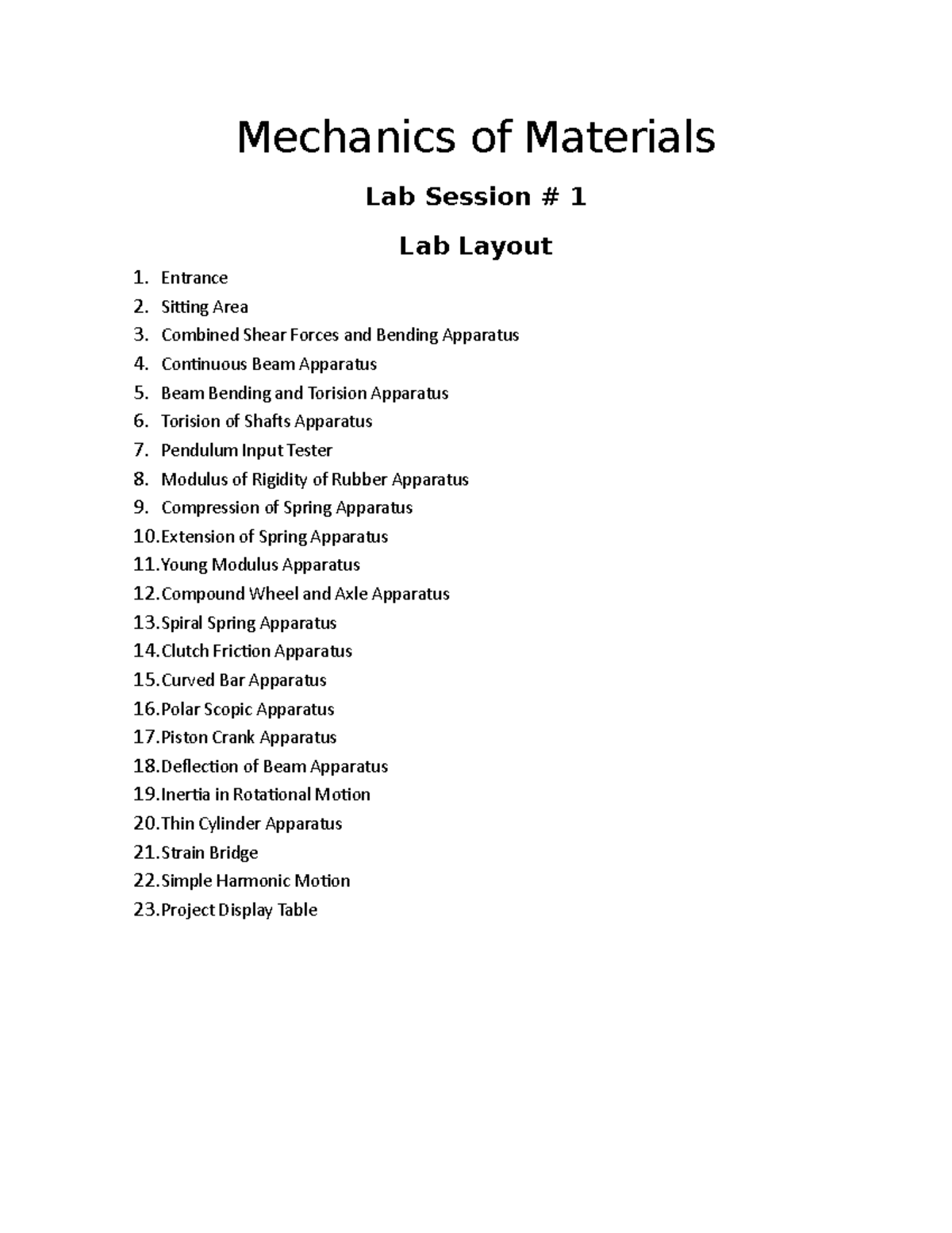 Lab Layout - Yes - Mechanics of Materials Lab Session # 1 Lab Layout 1 ...