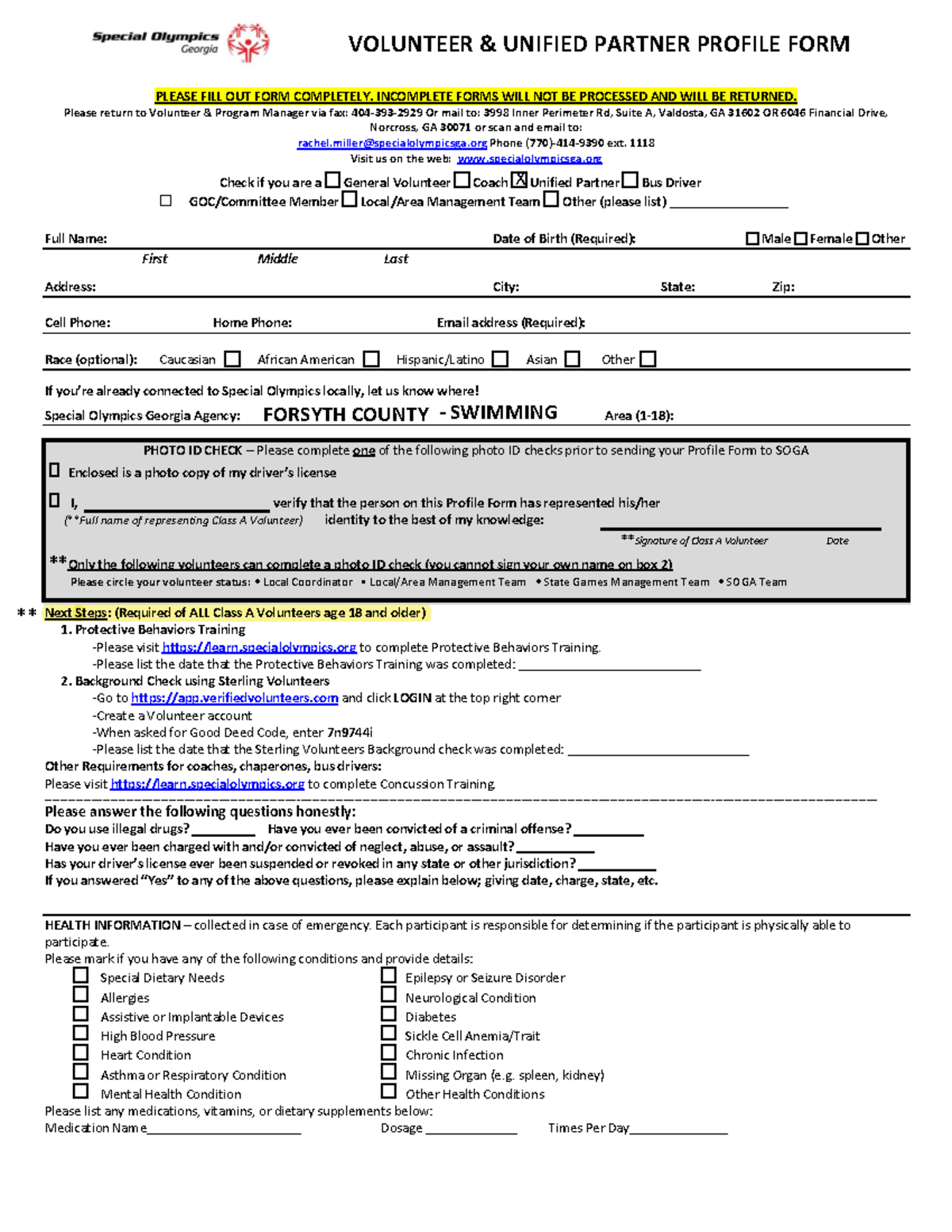 Volunteer & Coach Profile FORM - VOLUNTEER & UNIFIED PARTNER PROFILE ...