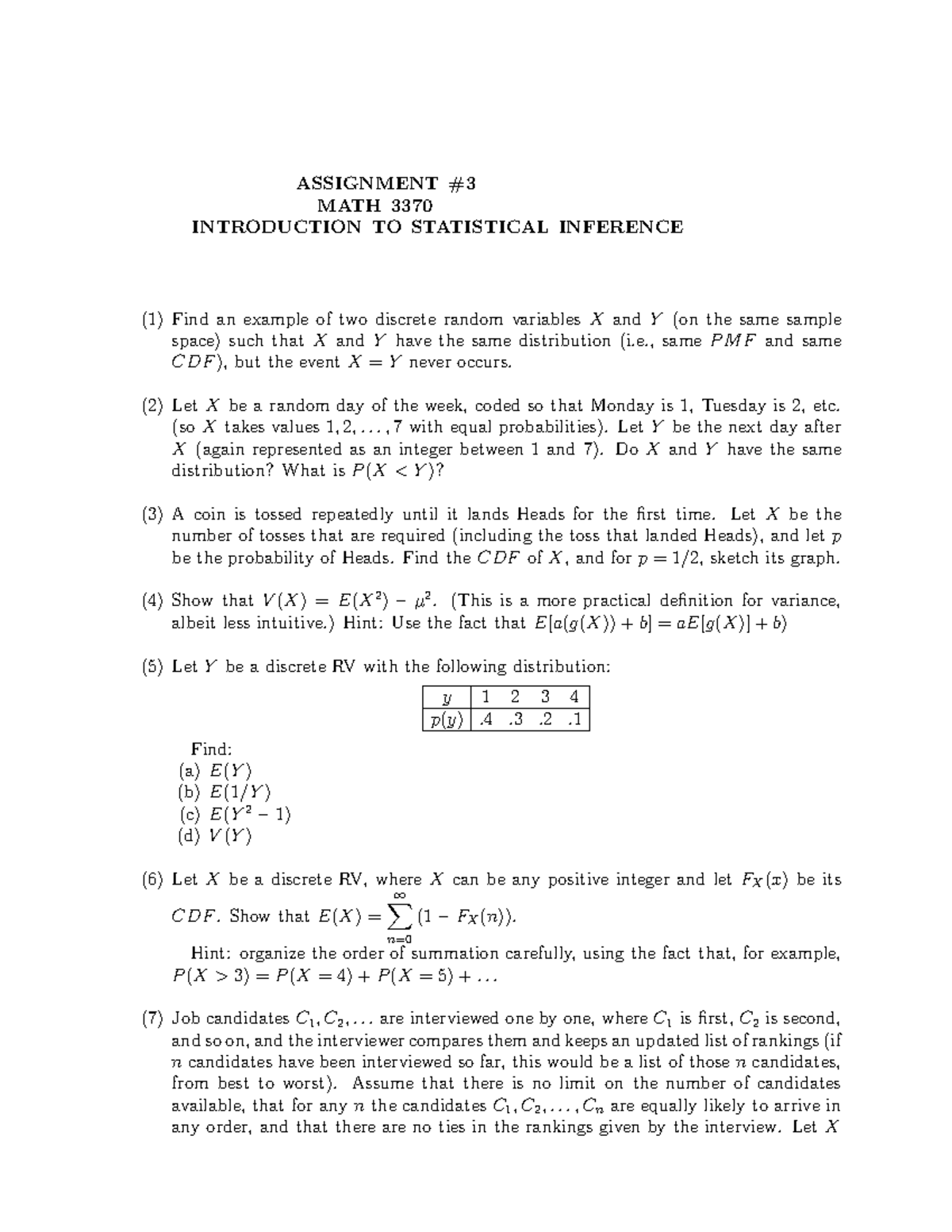 Stat3370assignment 3 F17 - ASSIGNMENT MATH 3370 INTRODUCTION TO ...