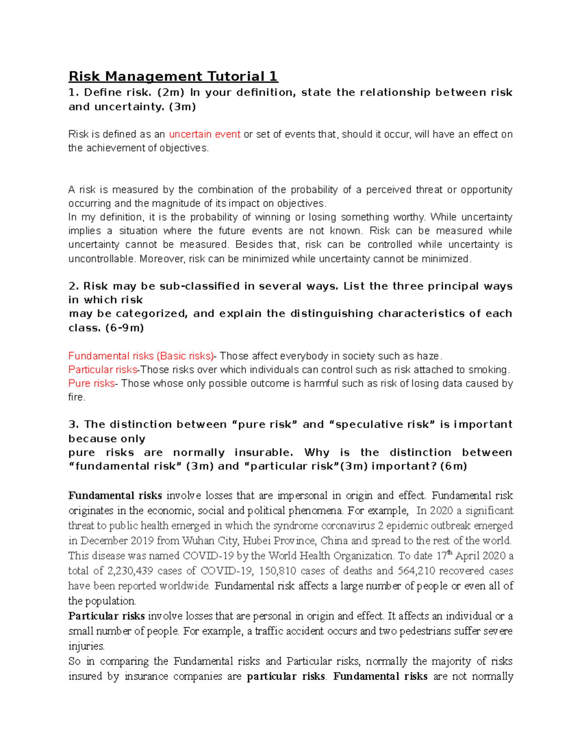 RISK MNGT T1 - RM tutorial 1 - Risk Management Tutorial 1 1. Define ...