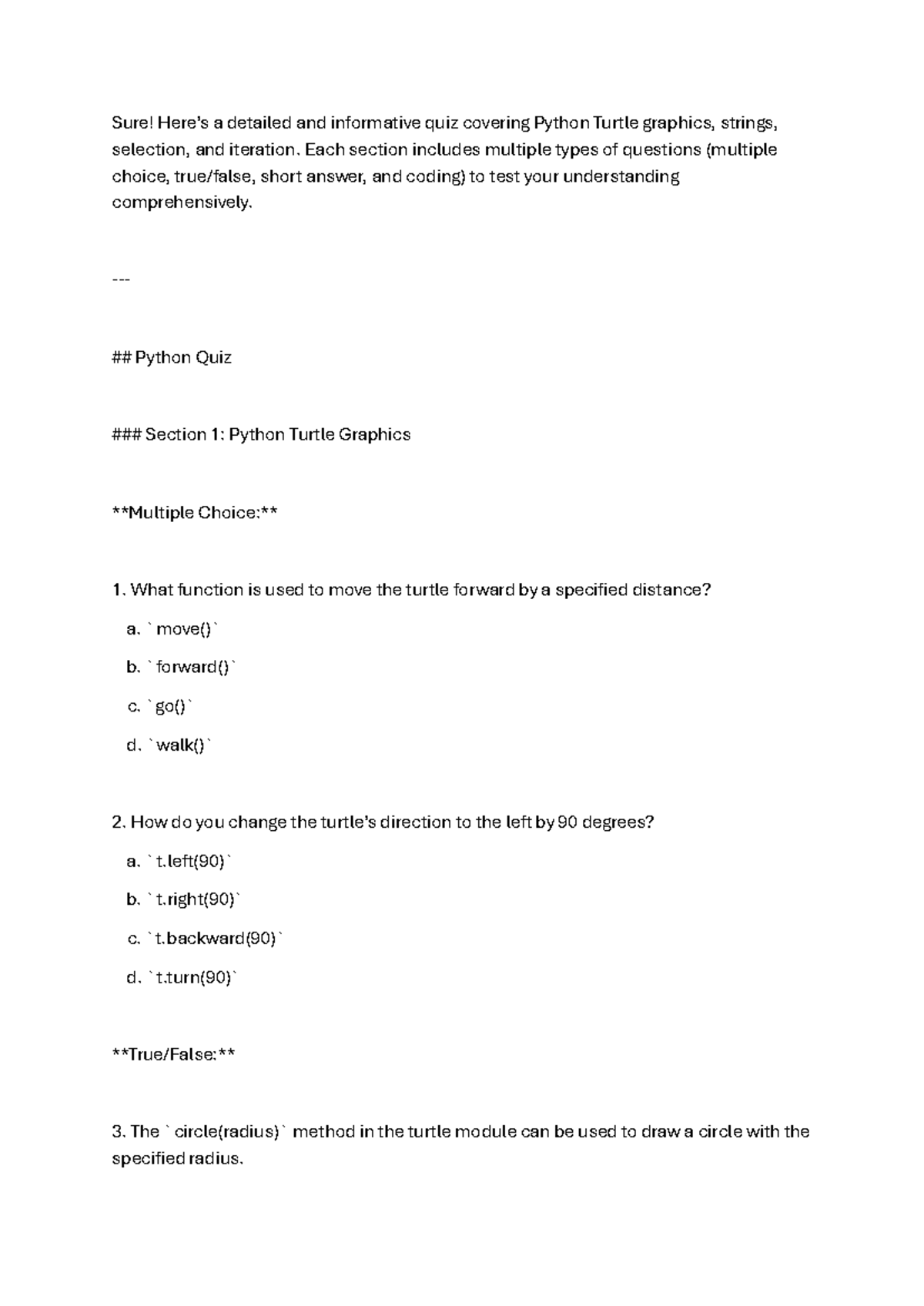 Python Quiz Sure Heres A Detailed And Informative Quiz Covering Python Turtle Graphics 