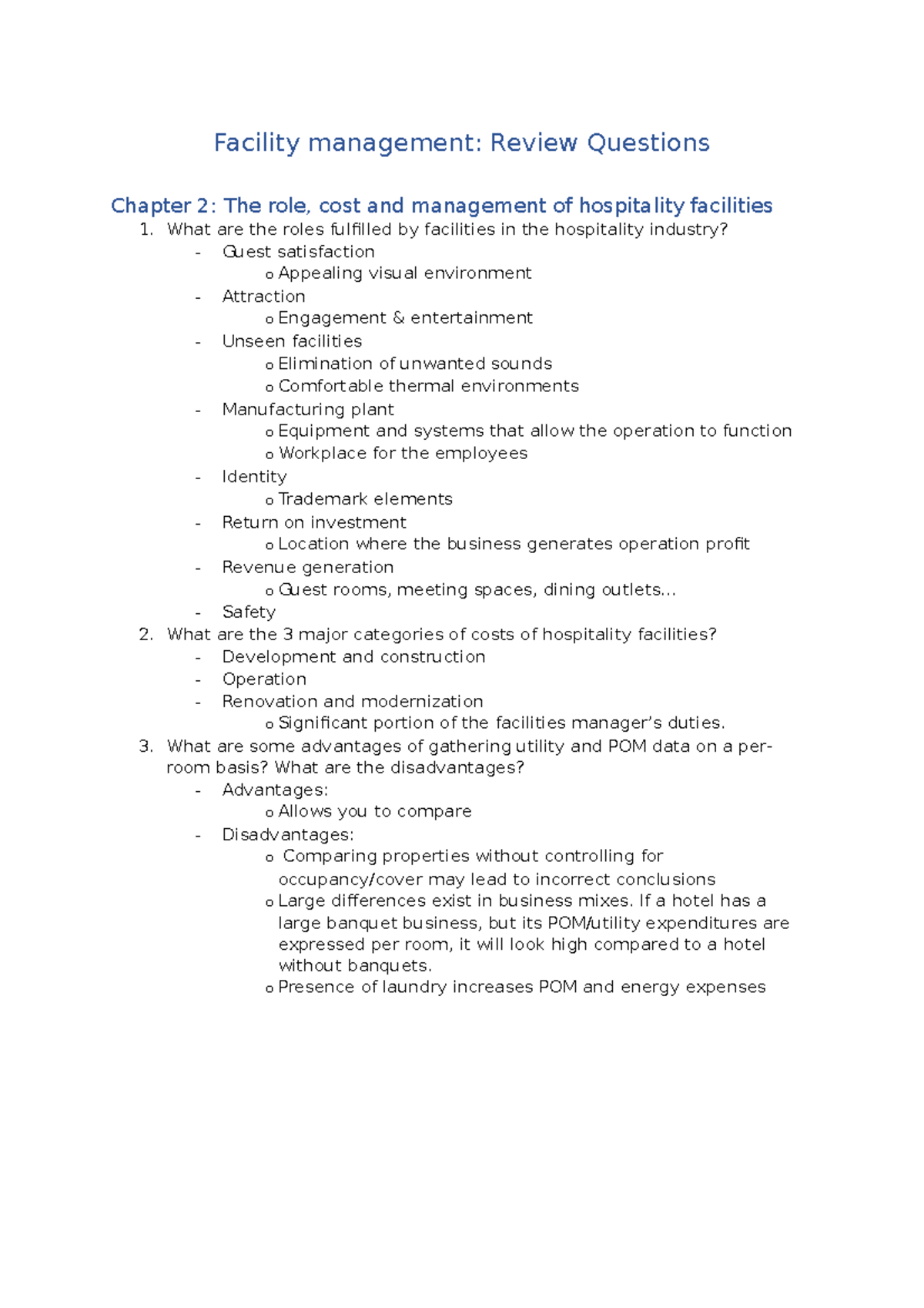 Facility management review questions - Facility management: Review ...