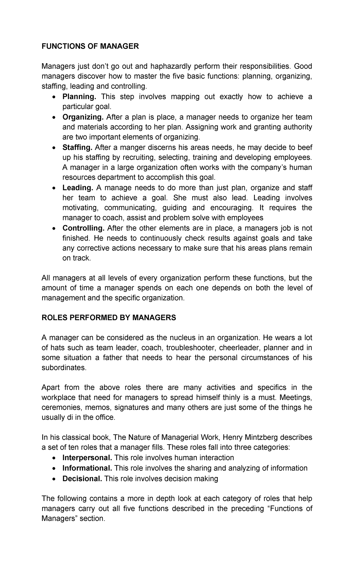 Functions OF Manager - At the most fundamental level, management is a discipline that consists ...