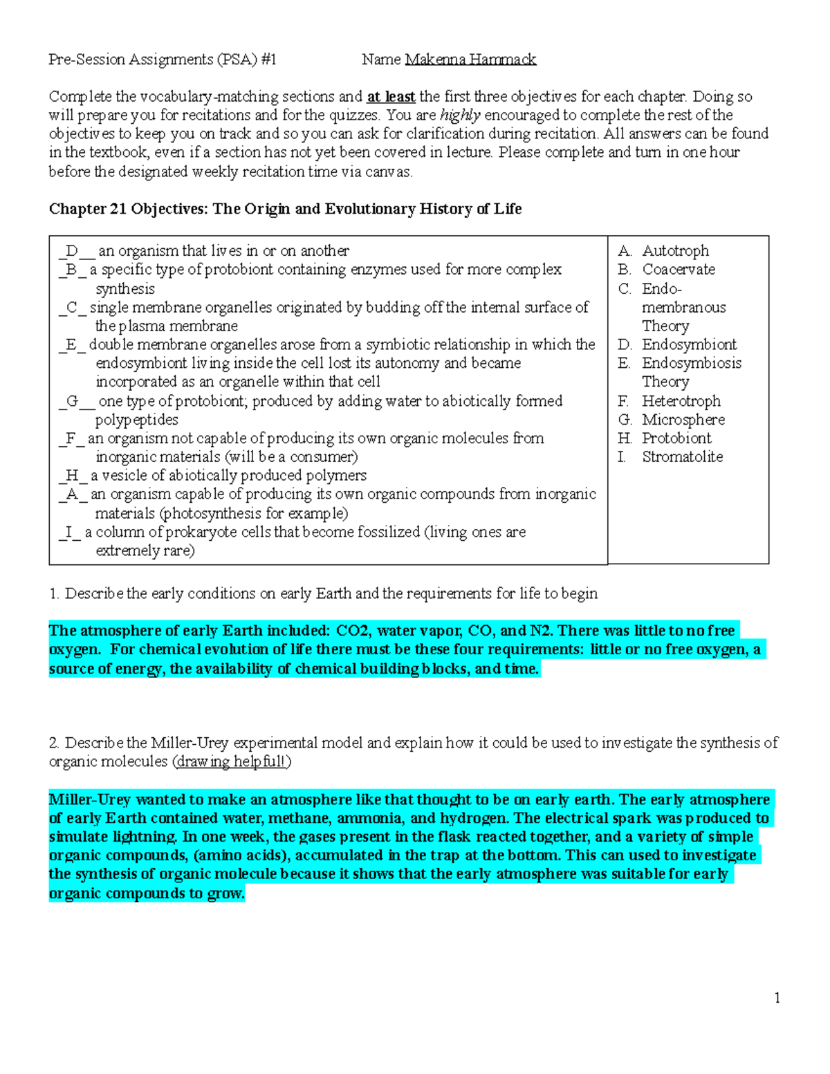 Dr. Yost PSA 1 for Exam 1 - Pre-Session Assignments (PSA) #1 Name ...