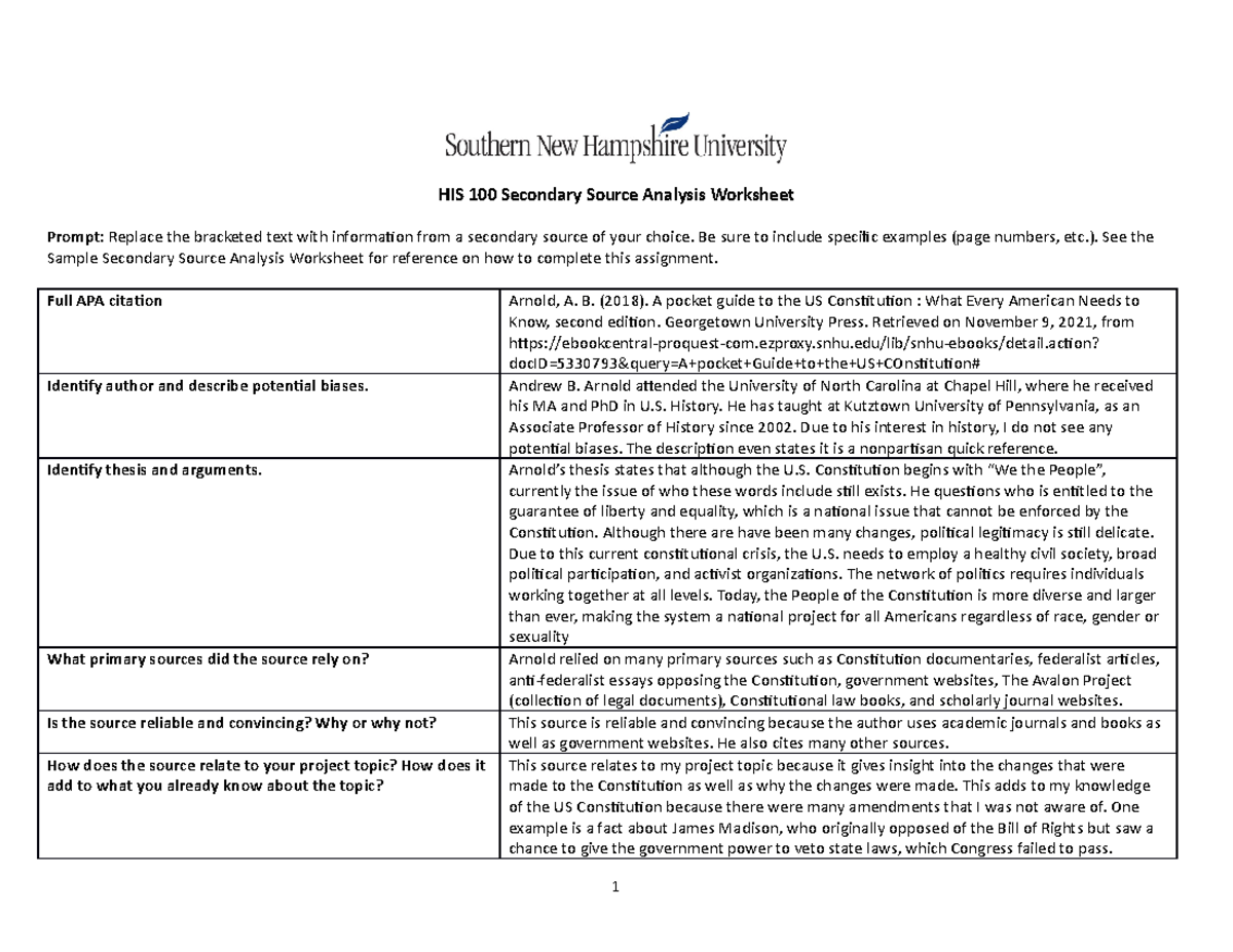 HIS 100 3-4 Secondary Source Analysis Worksheet - HIS 100 Secondary ...