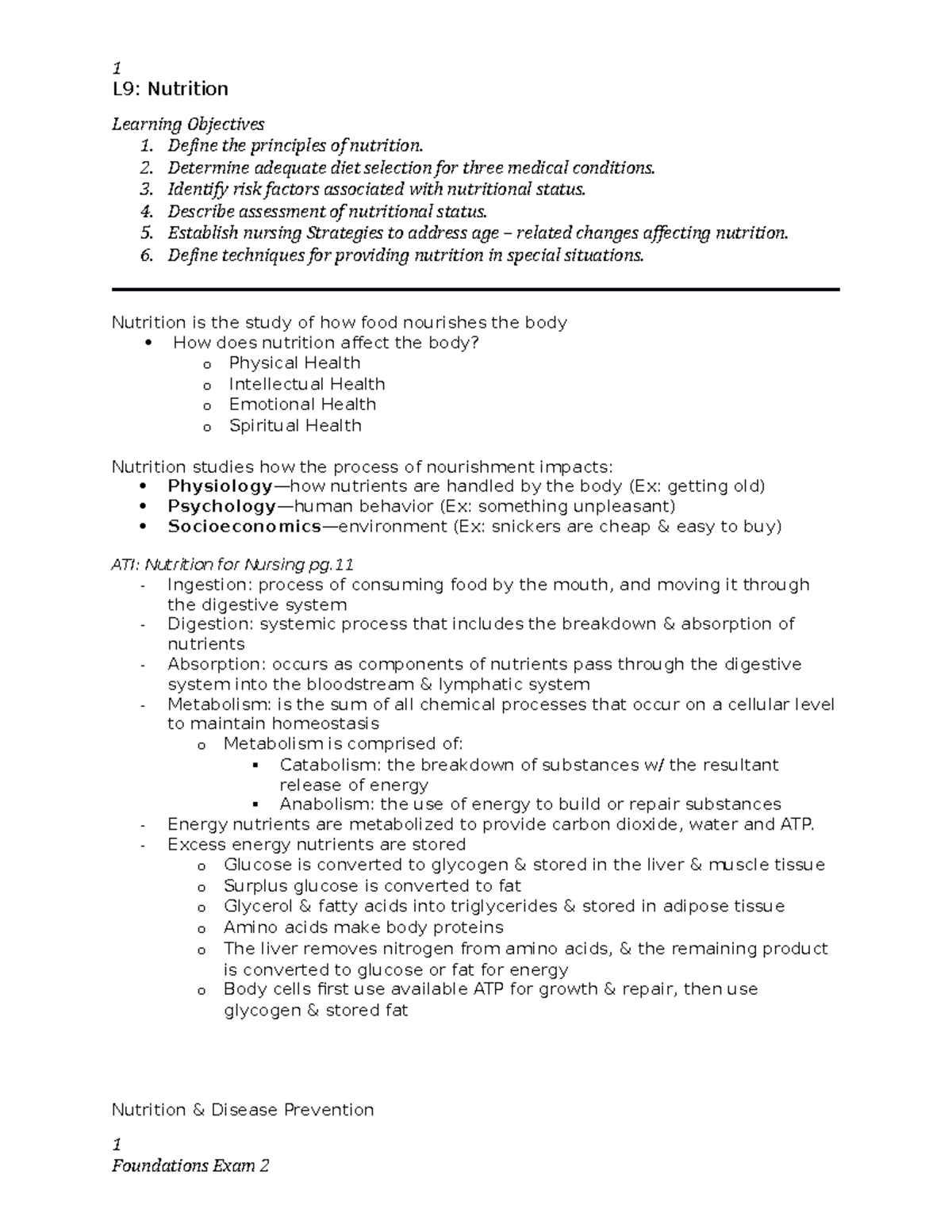 L9 Nutrition - Lecture notes 9 - L9: Nutrition Learning Objectives 1 ...