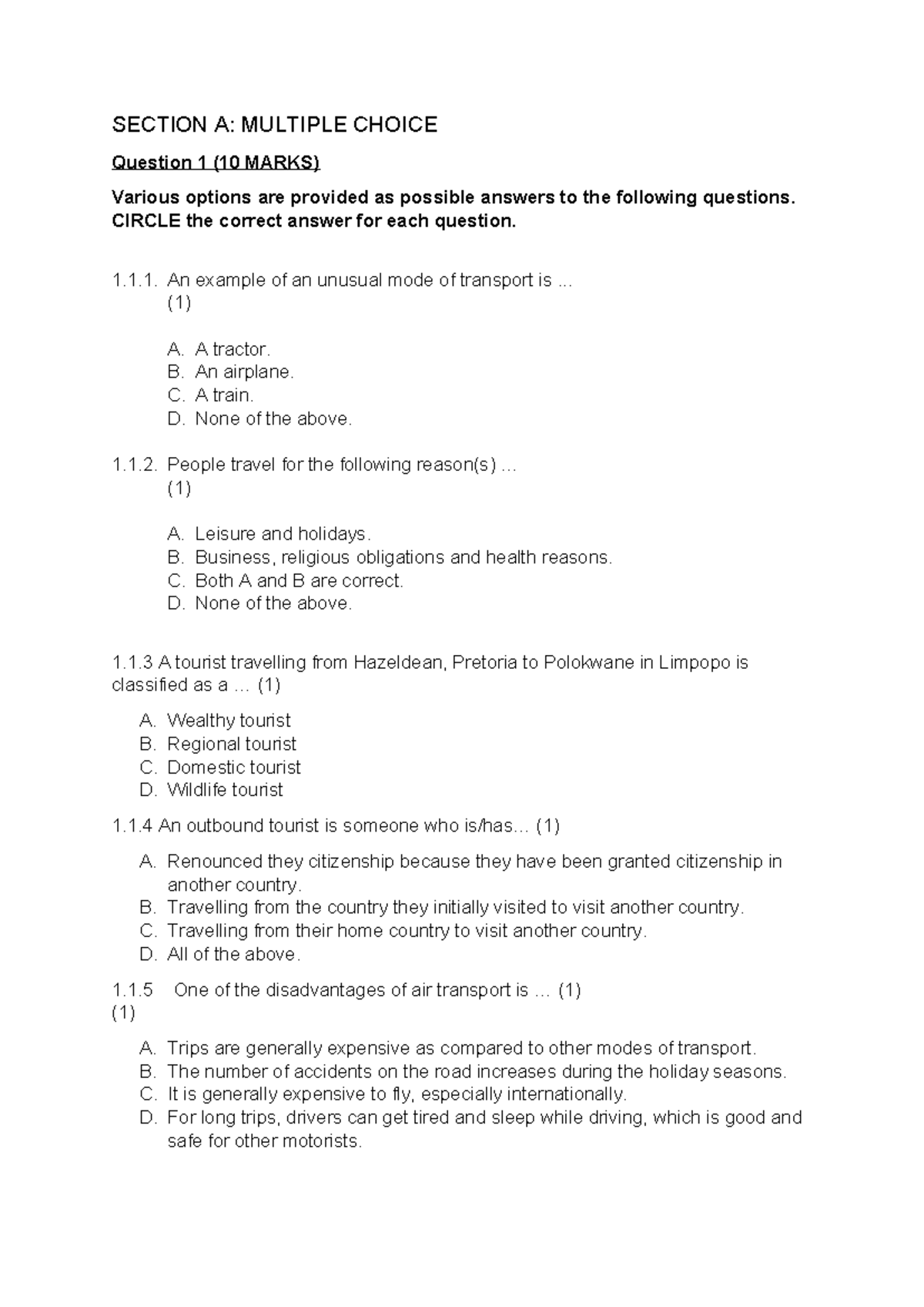 Tourism grade 10 class test - SECTION A: MULTIPLE CHOICE Question 1 (10 ...