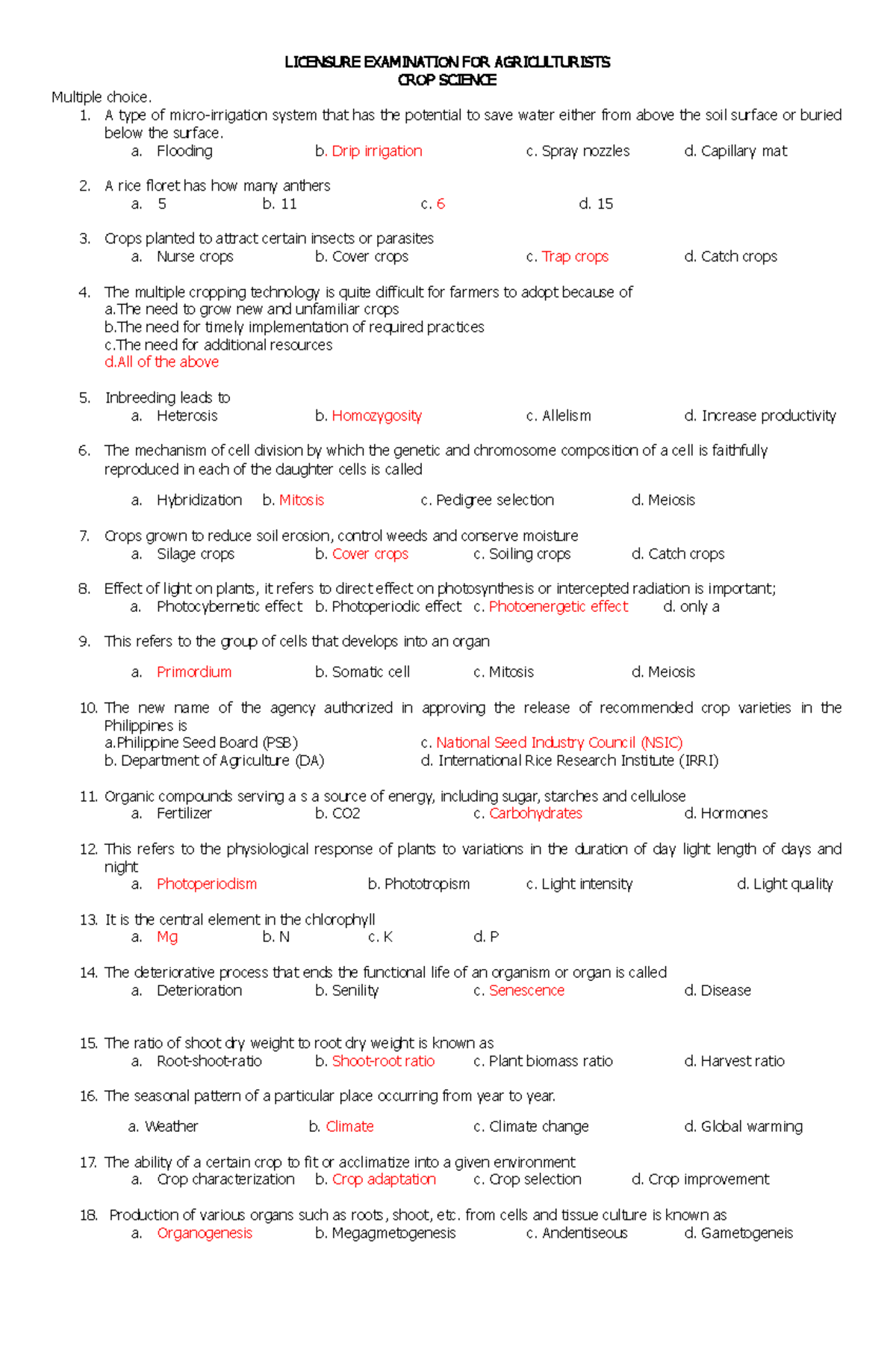 Crop Science quiz - LICENSURE EXAMINATION FOR AGRICULTURISTS CROP ...