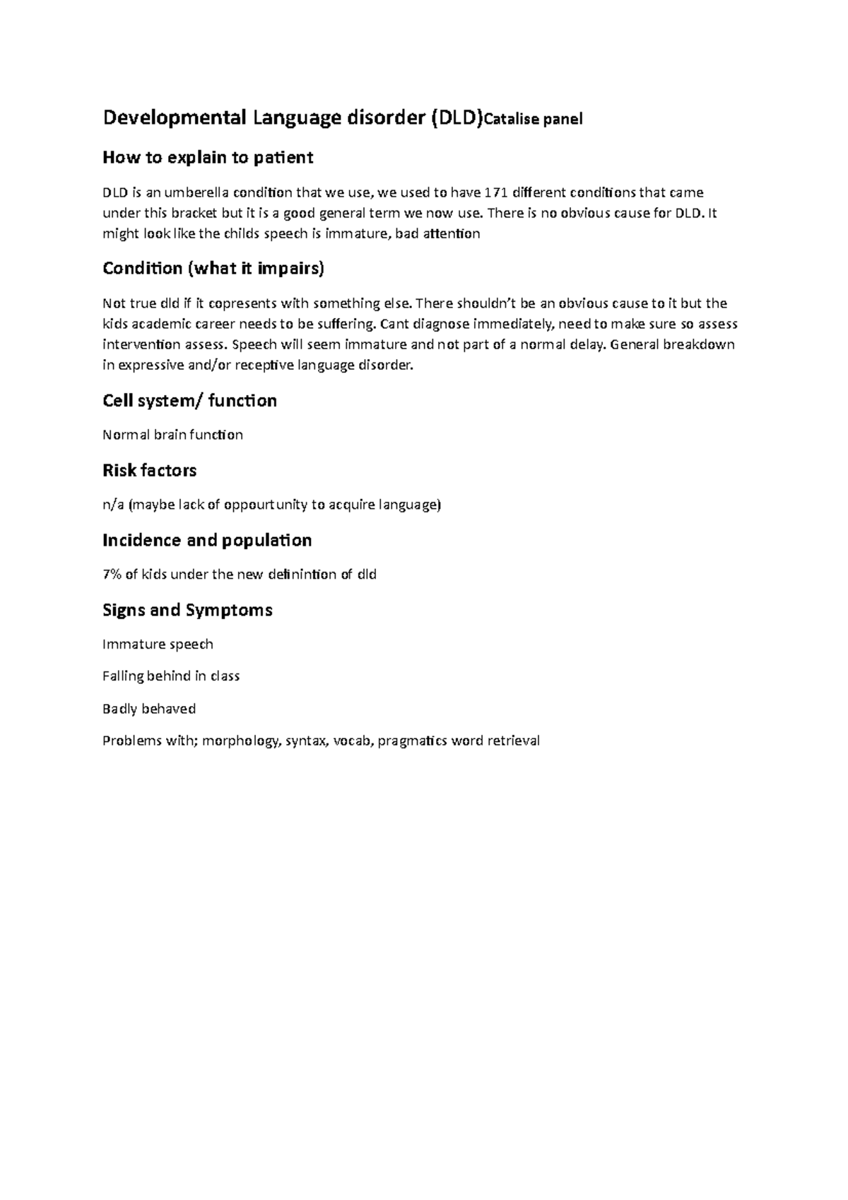 DLD cheat sheet - Developmental Language disorder (DLD)Catalise panel ...