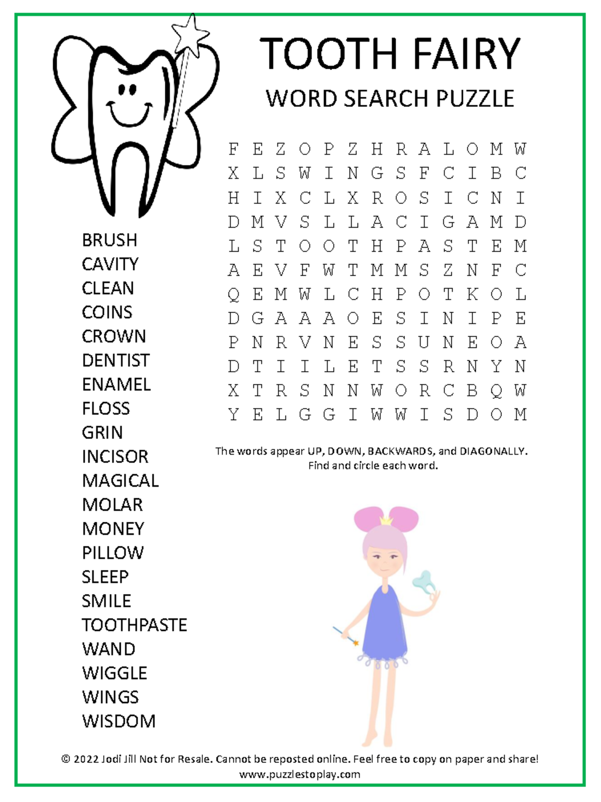 Tooth fairy Word Search Puzzle File 1 - The words appear UP, DOWN ...