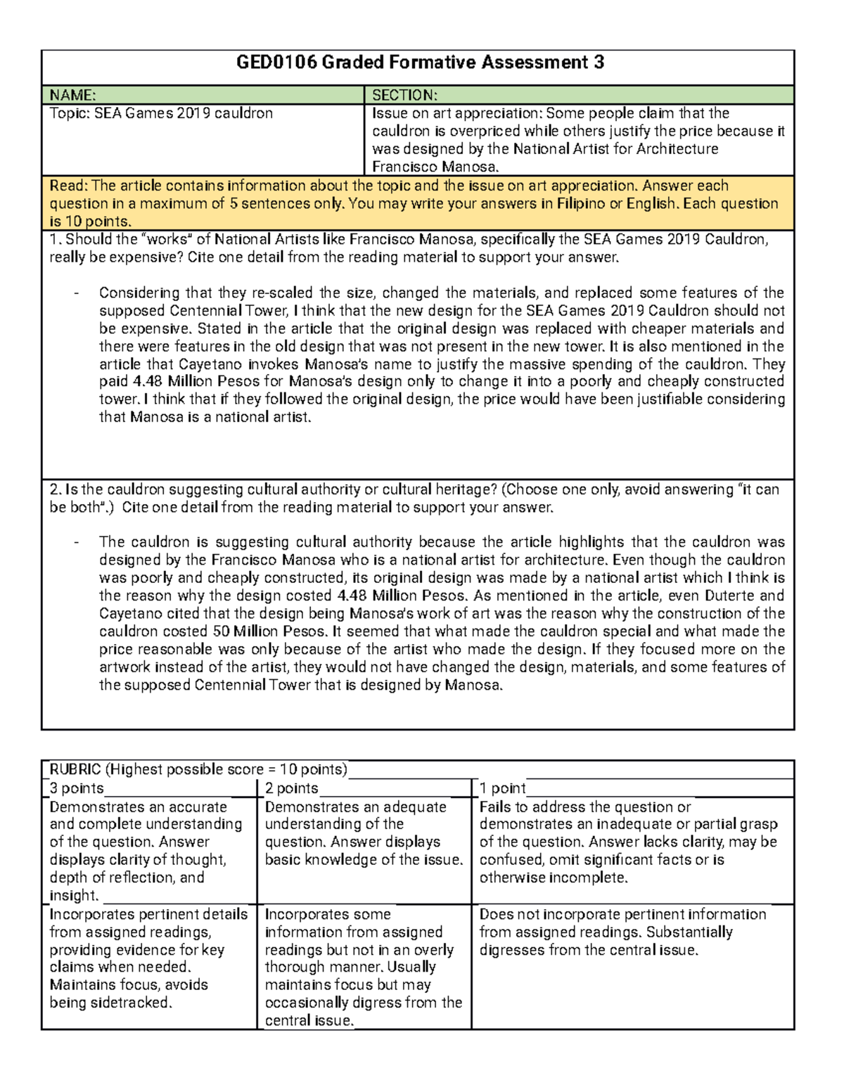 GFA3 art appreciation formative assessment far eastern university ...