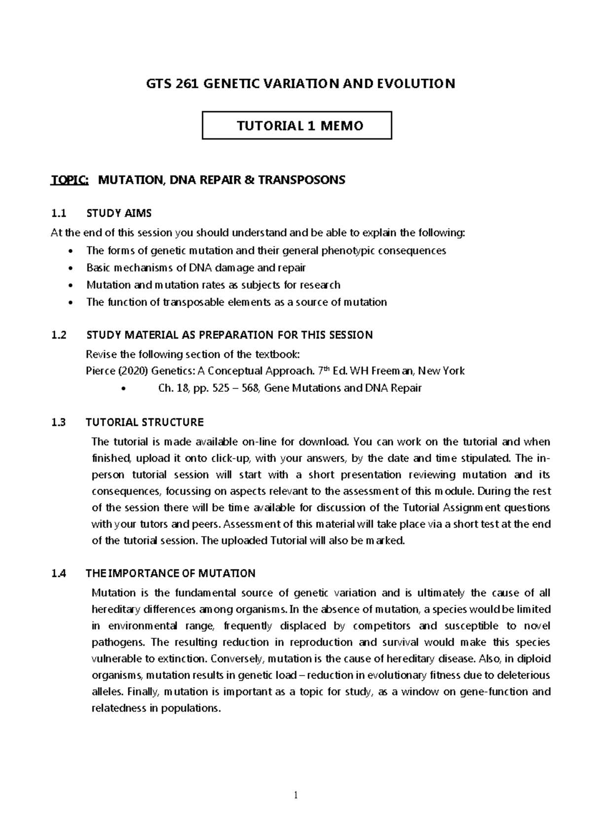 SU1 Chapter 18 Tutorial 1 Mutations and repair MEMO 2023 - GTS 261 GENETIC VARIATION AND ...