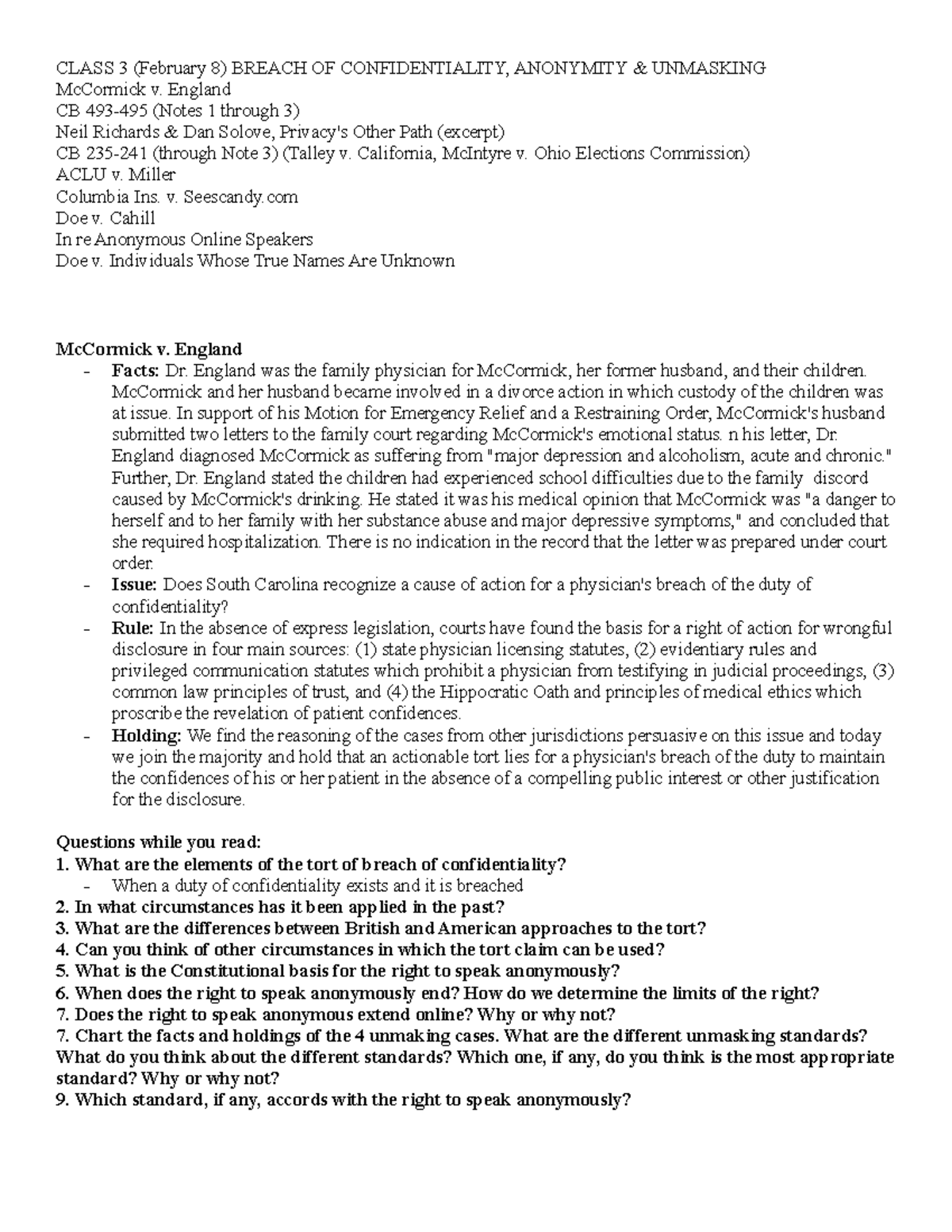 Class 3 - information privacy law - McCormick v. England CB 493-495 ...