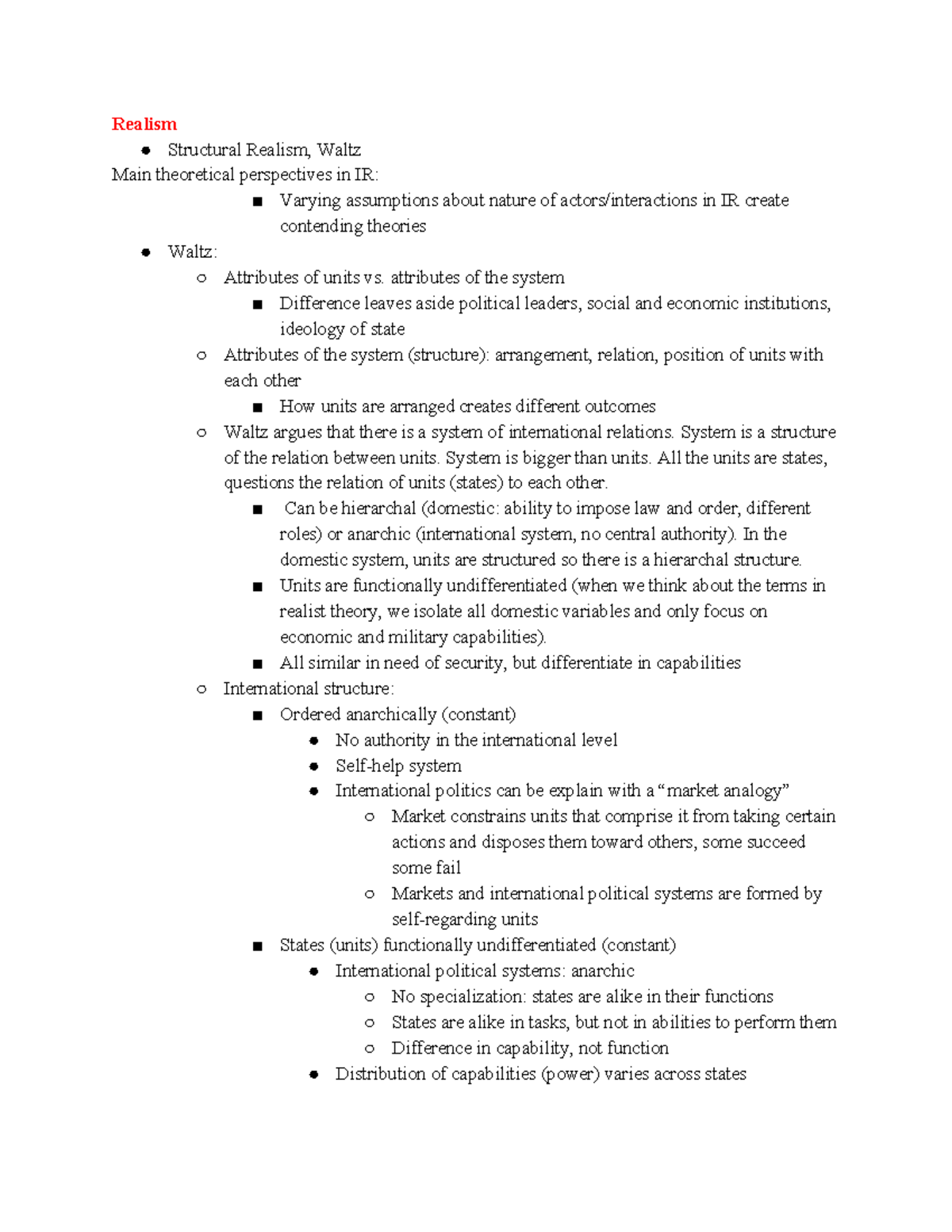 Theoretical Approaches notes - Realism Structural Realism, Waltz Main ...