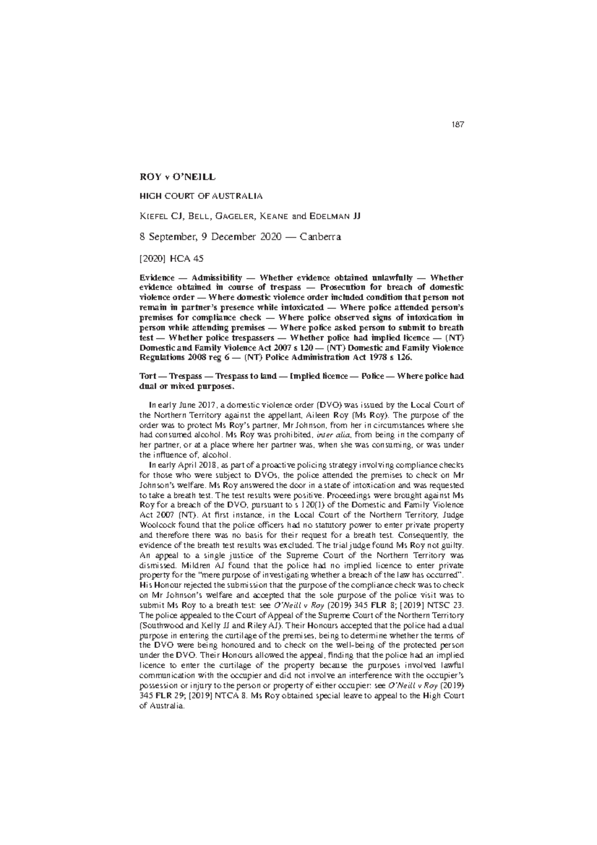 Roy v ONeill (2020) 385 ALR 187 - ROY v O’NEILL HIGH COURT OF AUSTRALIA ...