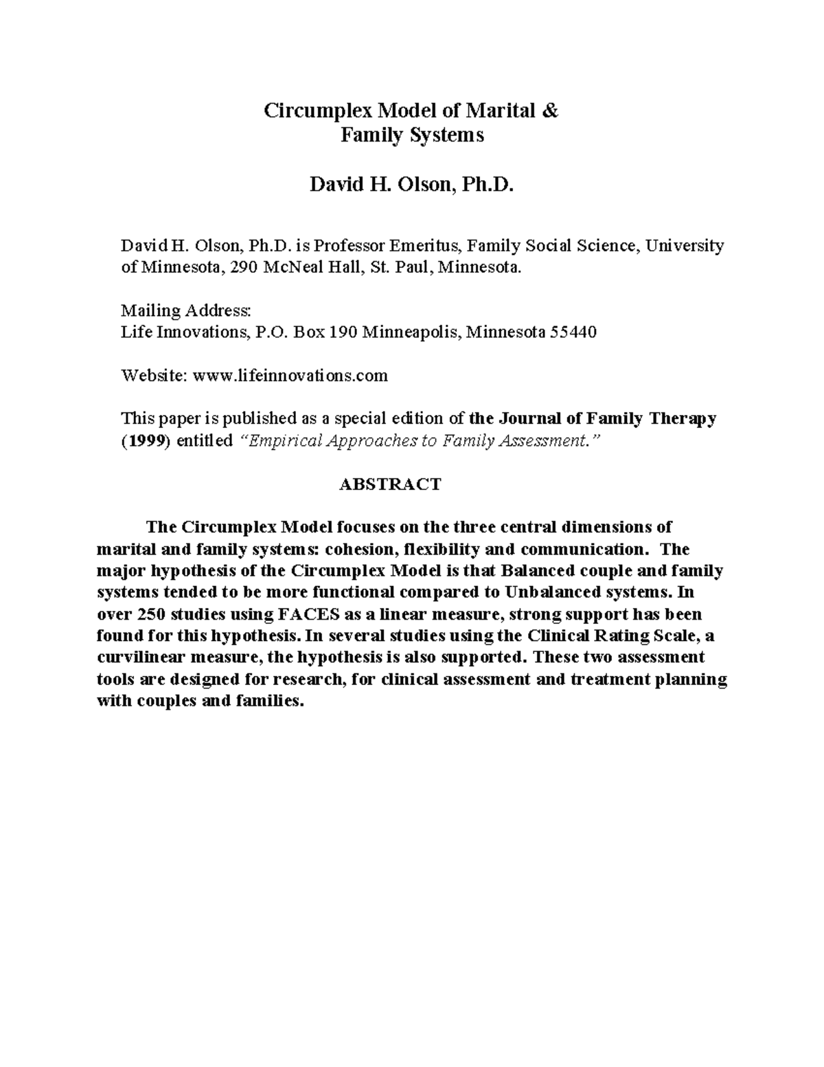 Circumplex Model Of Marital And Family Systems - Personalidad 1 - Studocu