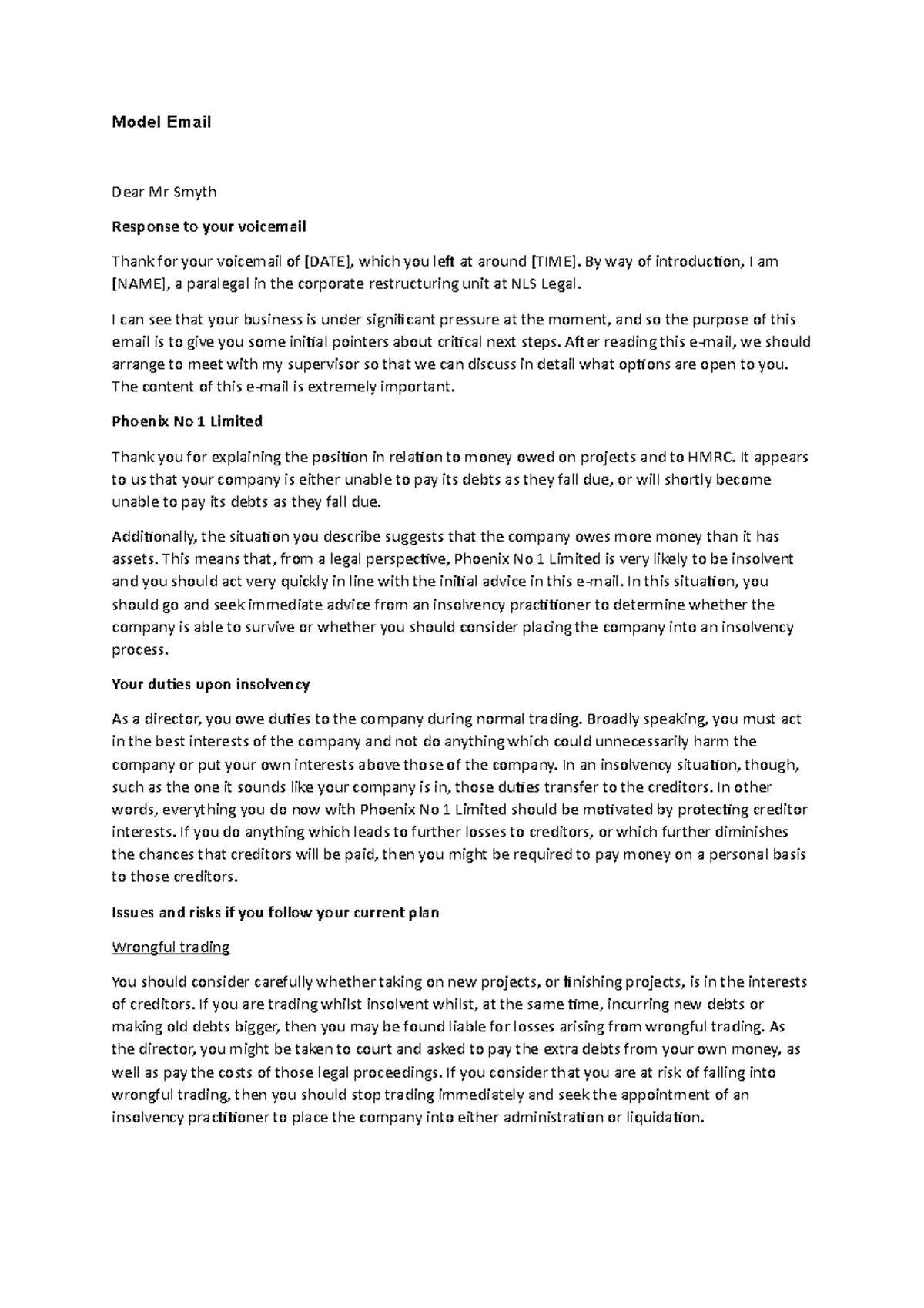 6. Model Email - ALK business task answer - Model Email Dear Mr Smyth ...