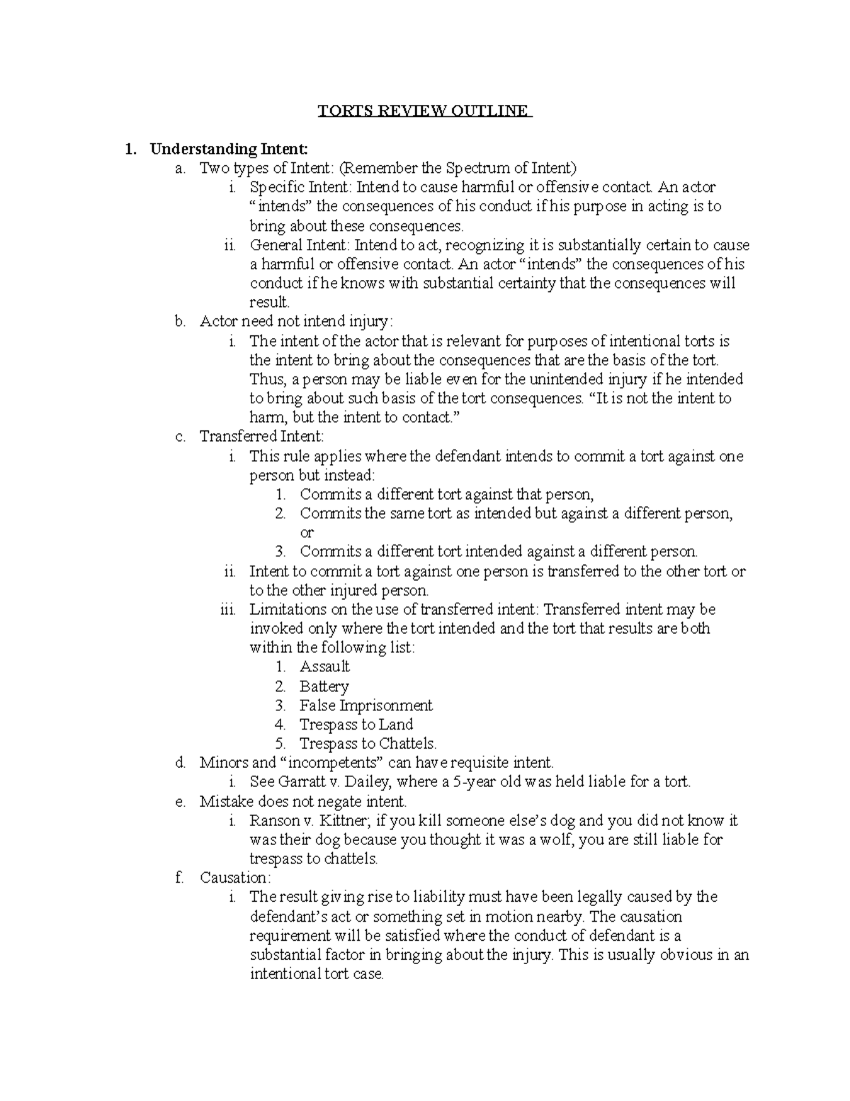 Torts Outline (this one got an A) - TORTS REVIEW OUTLINE 1 ...