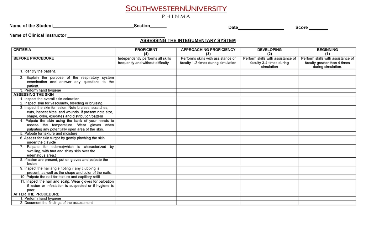 Assessing THE Integumentary System Rubrics 1 converted - Name of the ...