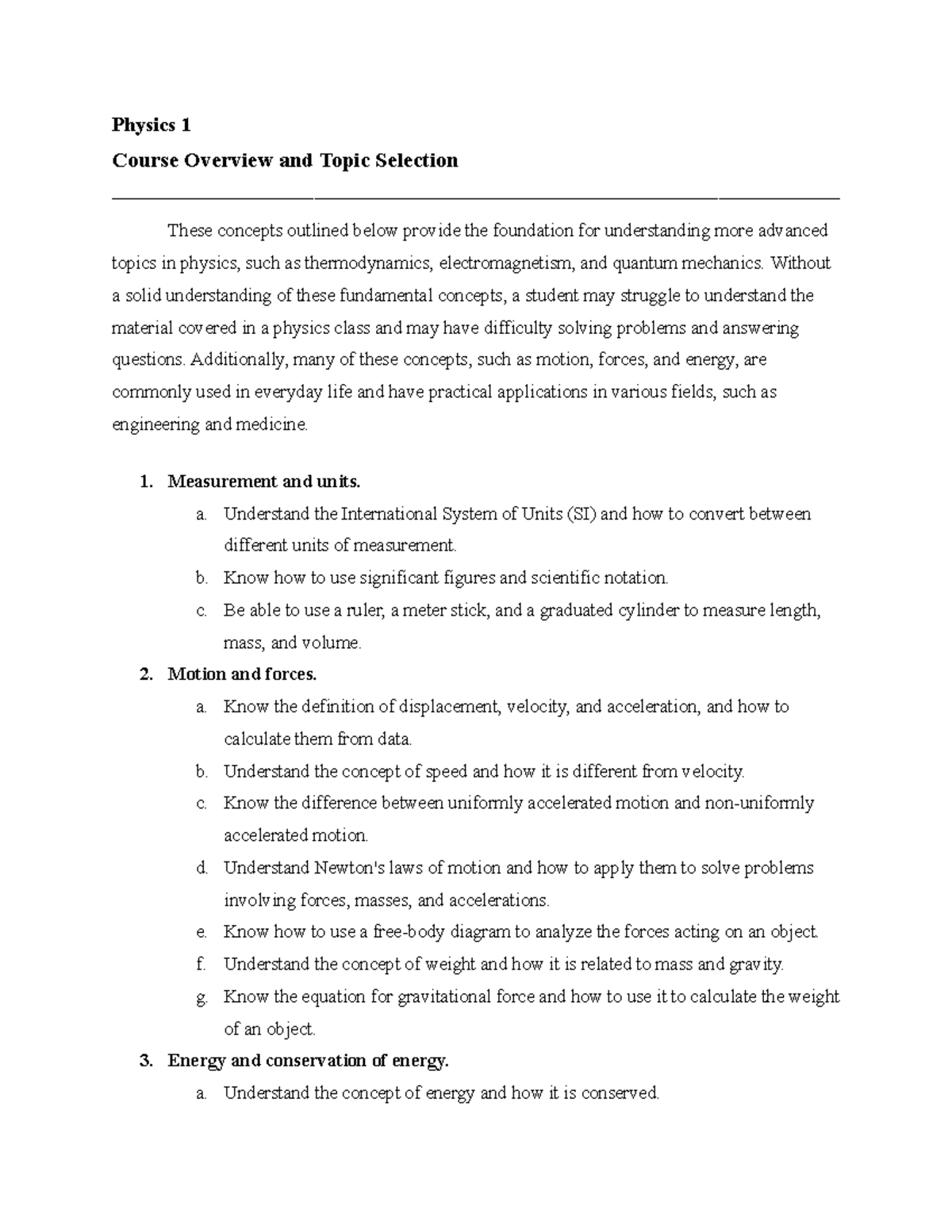 Physics 1 Course Overview and Topic Selection - Physics 1 Course ...