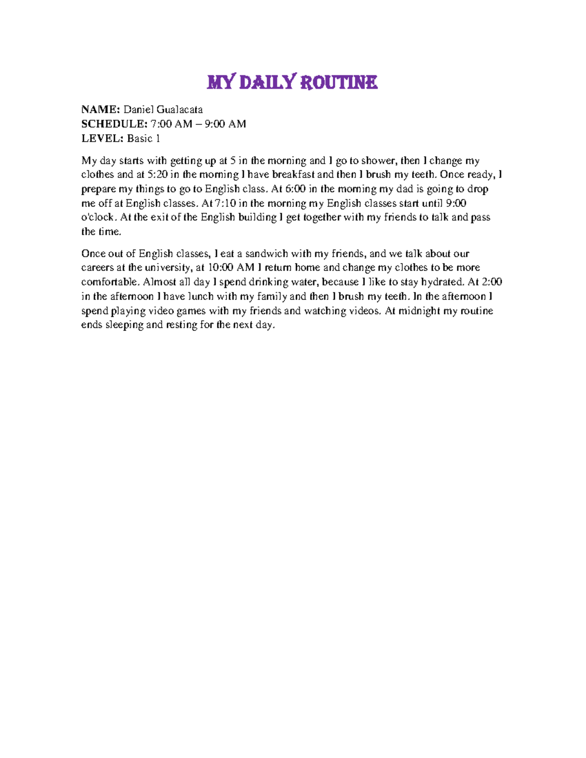 My daily routine - ddfvdfg - My daily routine NAME: Daniel Gualacata ...