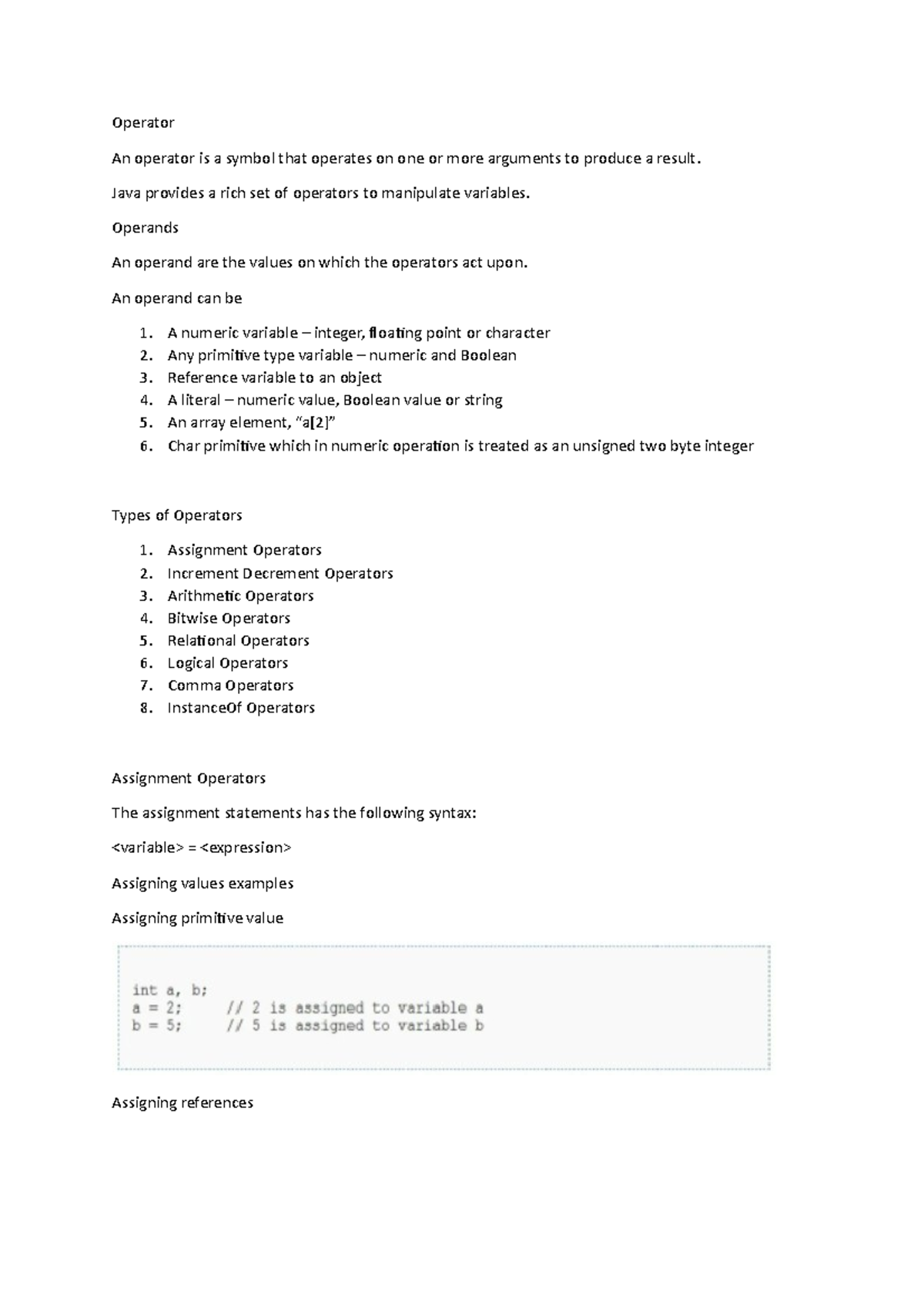 Operator Operation Java Operator An Operator Is A Symbol That Operates On One Or More