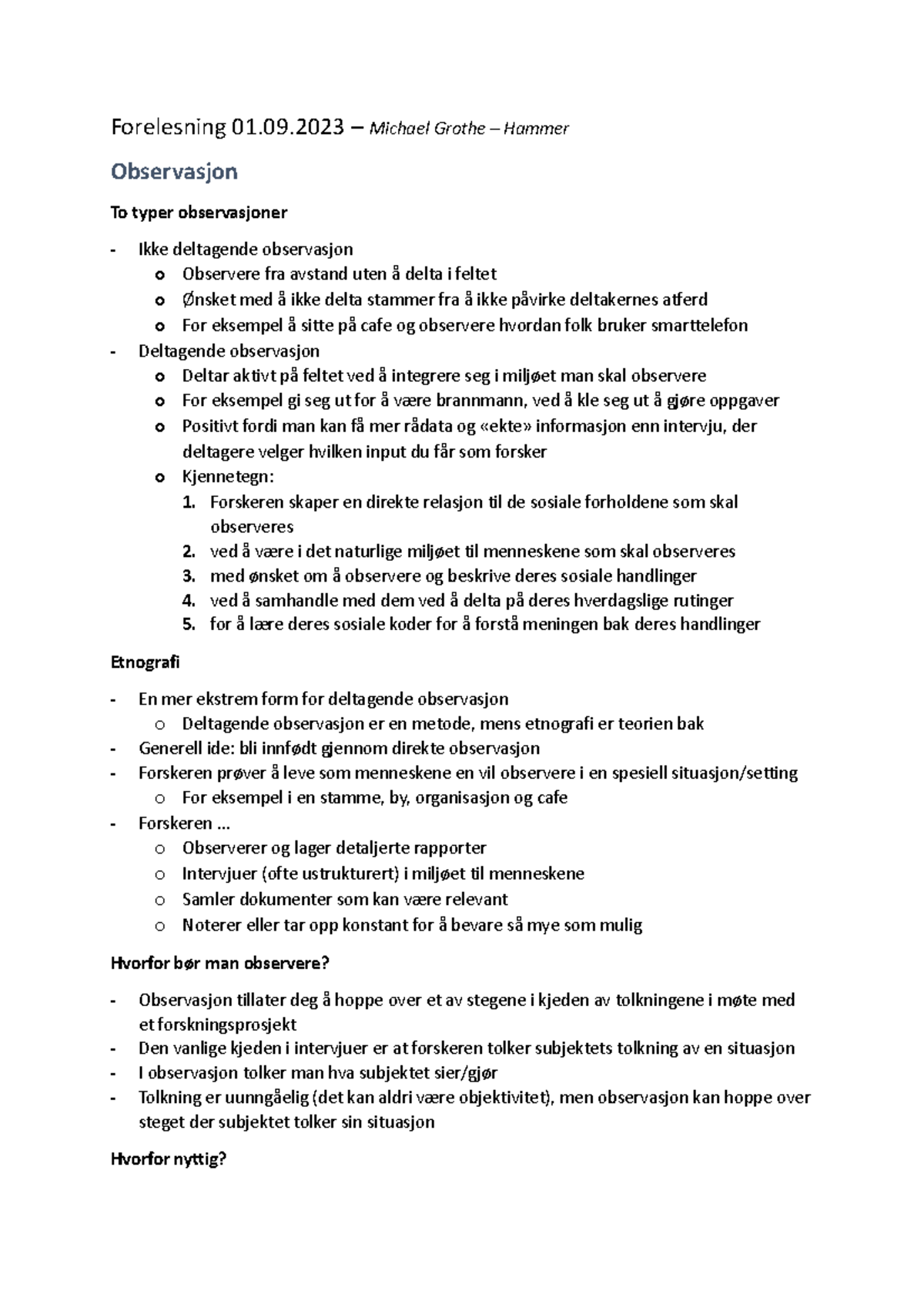 Observasjon - Forelesningsnotat - Forelesning 01.09 – Michael Grothe ...