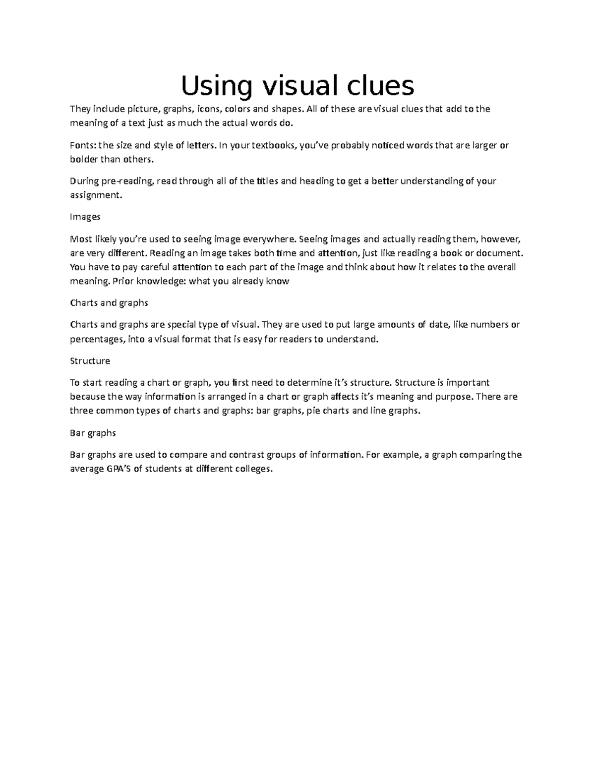 Using visual clues - notes - Using visual clues They include picture ...
