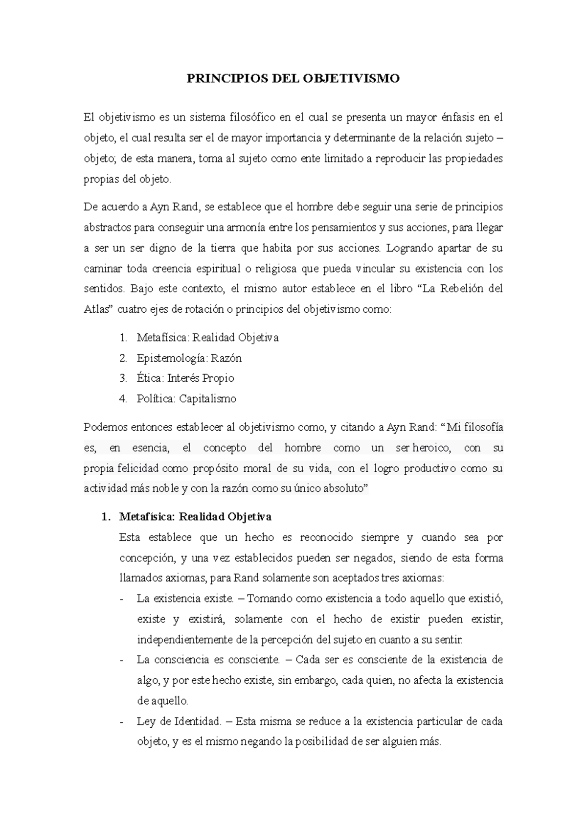 Principios DEL Objetivismo - PRINCIPIOS DEL OBJETIVISMO El objetivismo ...