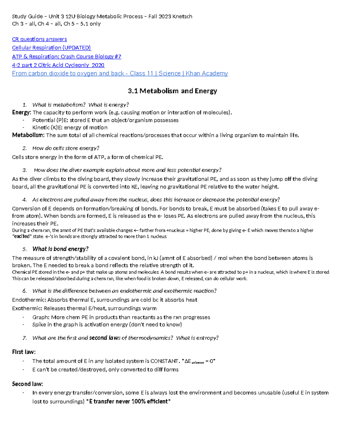 UNIT 2 bio study guide Metabolism - Study Guide – Unit 3 12U Biology ...