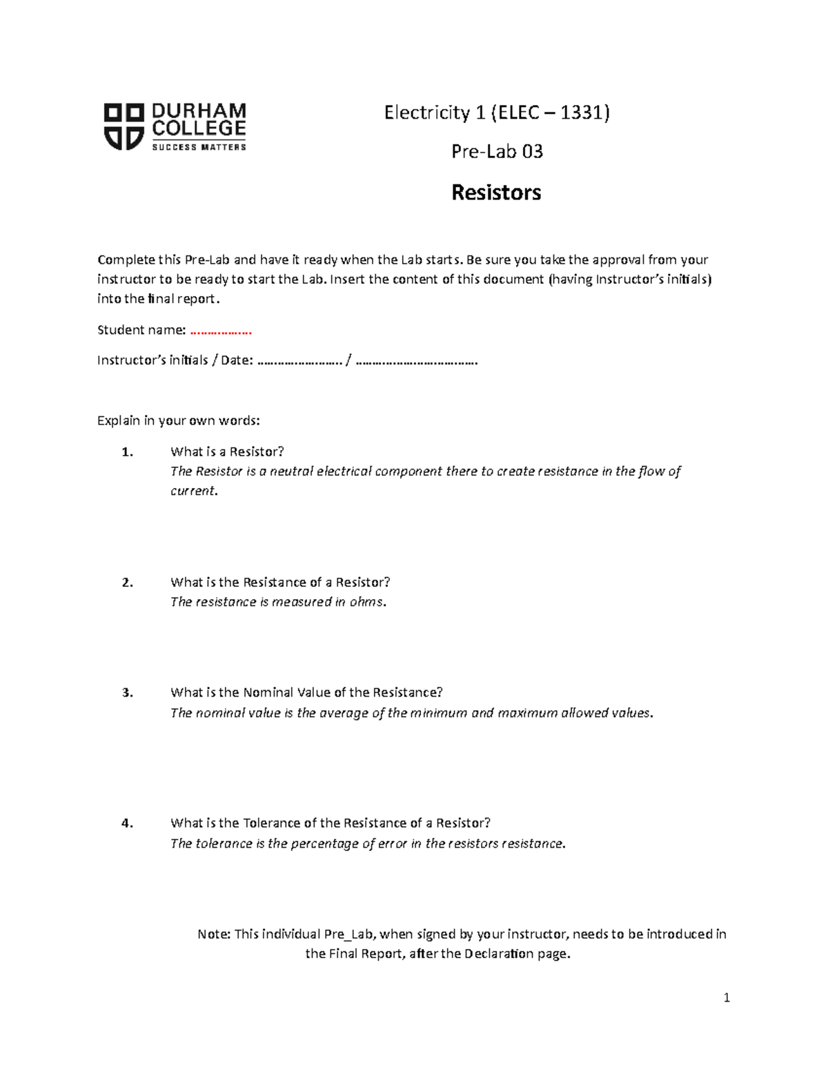 ELEC1331 Pre Lab-Week 3 Lab - Electricity 1 (ELEC – 1331) Pre-Lab 03 ...