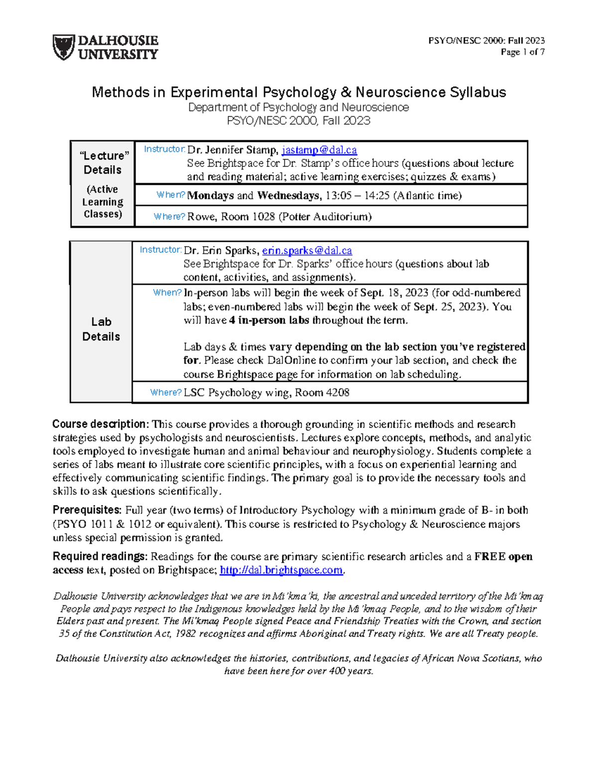 PSYO.NESC 2000 syllabus - Fall 2023 - Page 1 of 7 Methods in ...