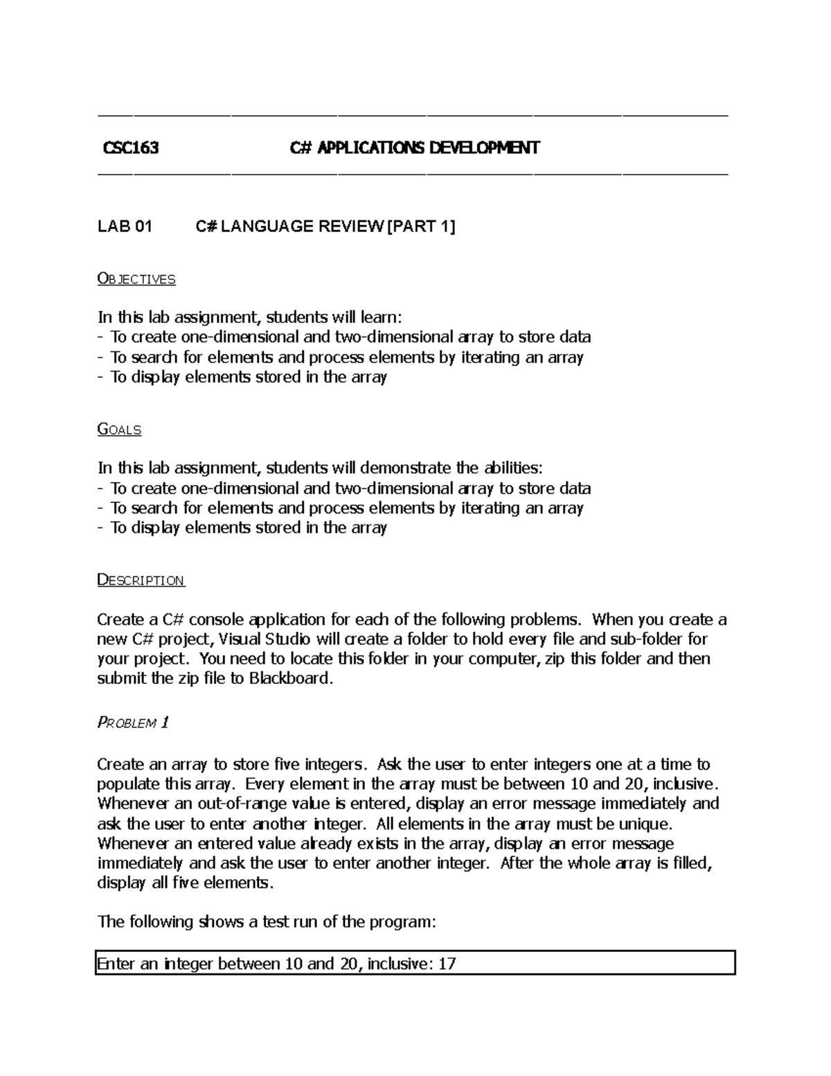 C-Sharp Computer Programming CSC163 Lab01 - - Studocu