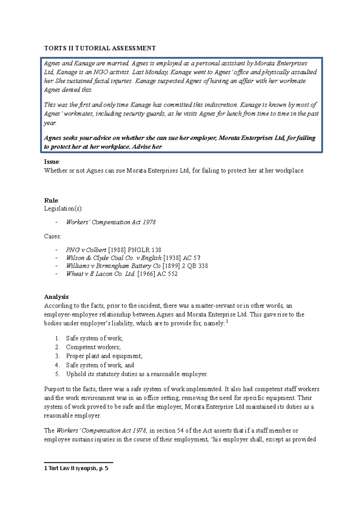 Torts 2 TUT. Assessment - TORTS II TUTORIAL ASSESSMENT Agnes and Kanage ...