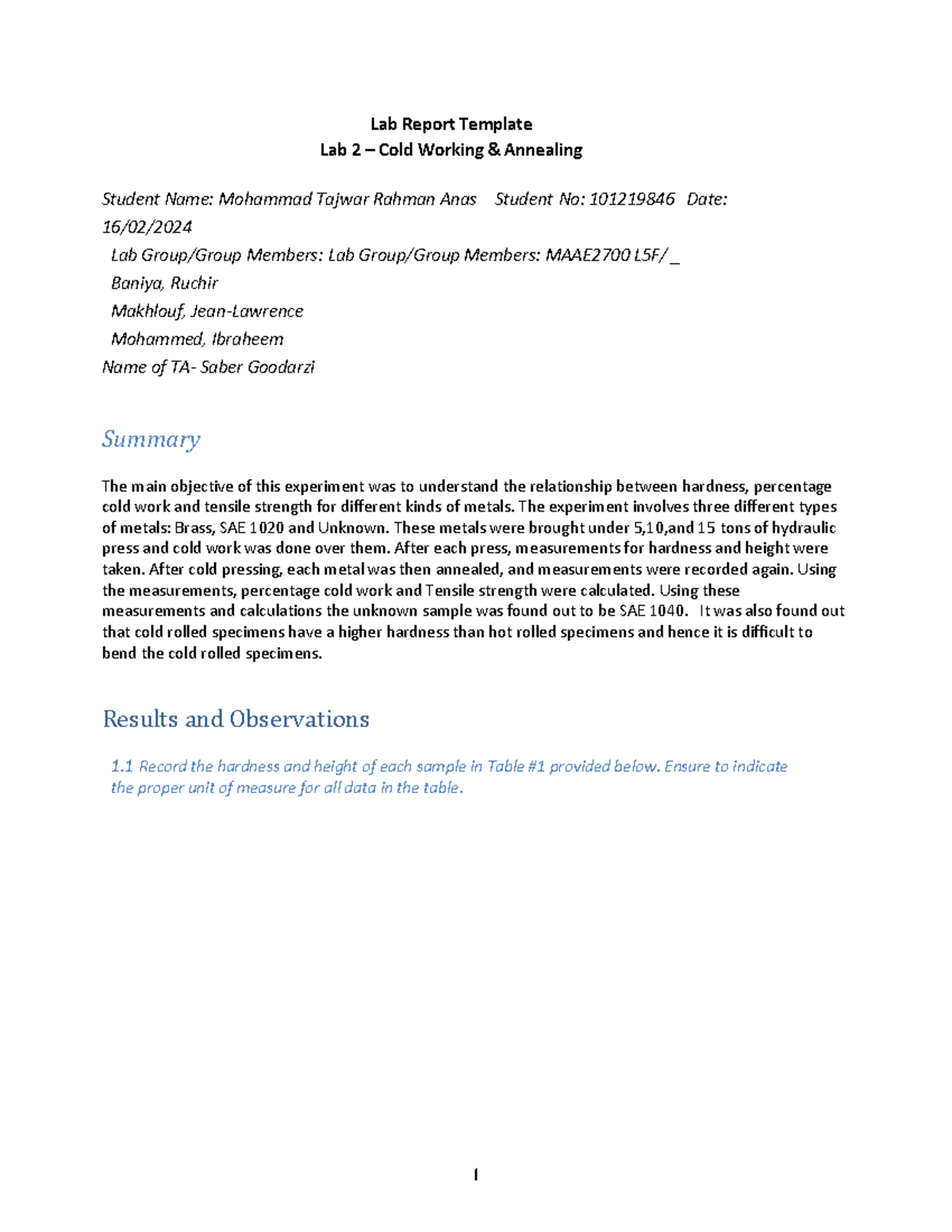 Rahman Anas MT L5F Lab2 - Lab report 2 for Material science - Lab Report Template Lab 2 – Cold ...