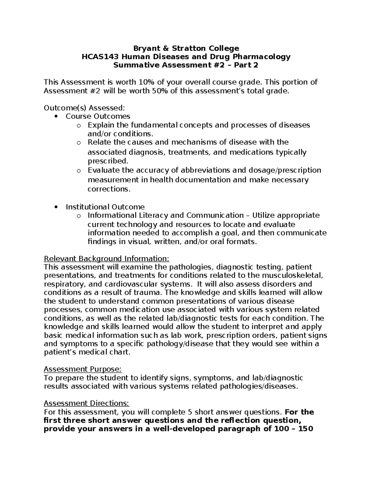 Week 4 Summative Assessment 2 - Part 2-1 - Bryant & Stratton College HCAS143 Human Diseases and ...