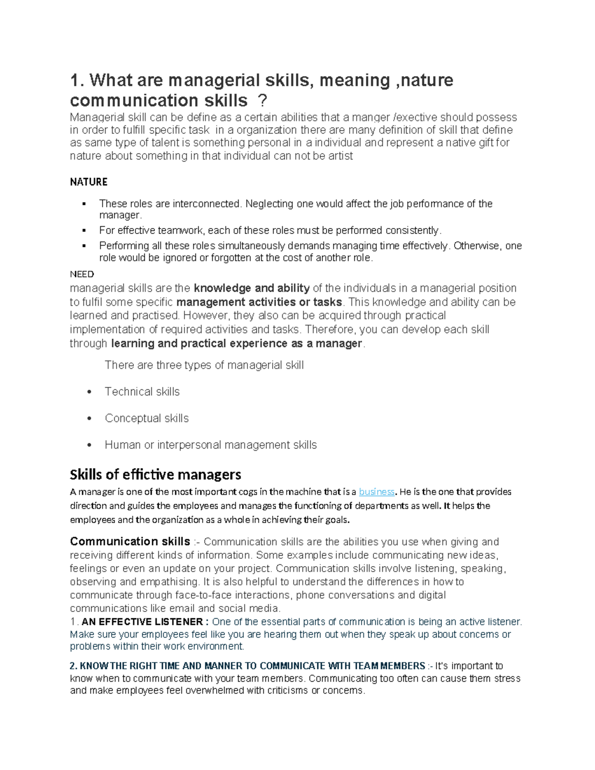 Managerial skill - 1. What are managerial skills, meaning ,nature ...